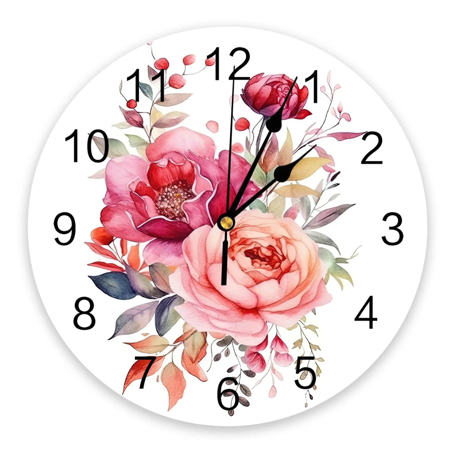 Peony Flower Leaves Wall Clock Large Modern Kitchen Dinning Round Wall ...