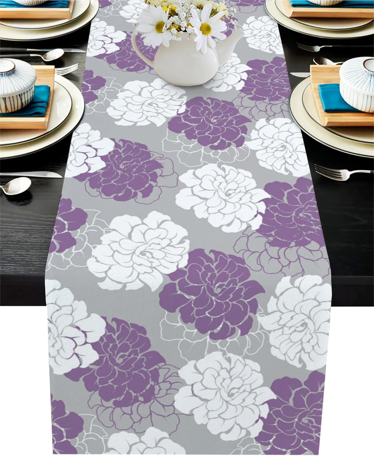 Peony Flower Plant Theme Pattern Table Runner Home Wedding Table Flag ...