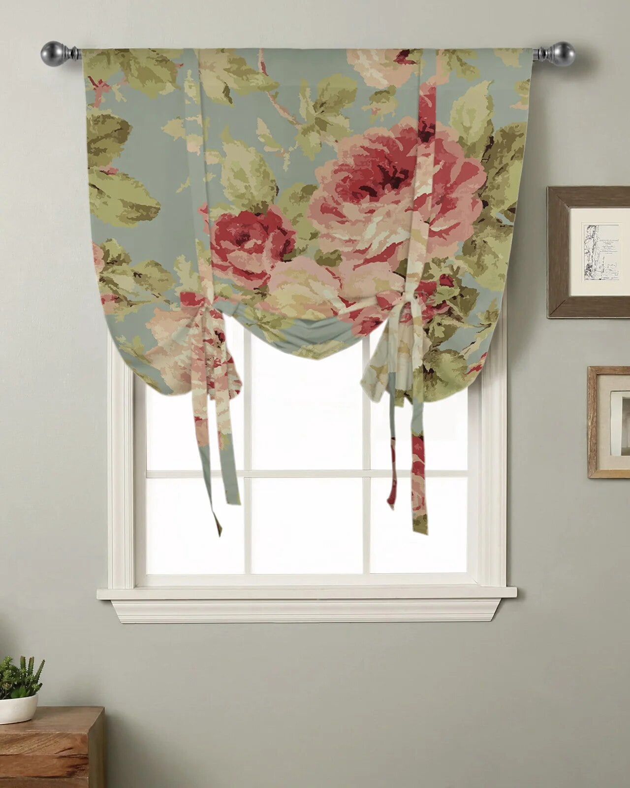 Peony Flower Vintage Farmhouse Kitchen Short Window Curtain Rod Pocket ...