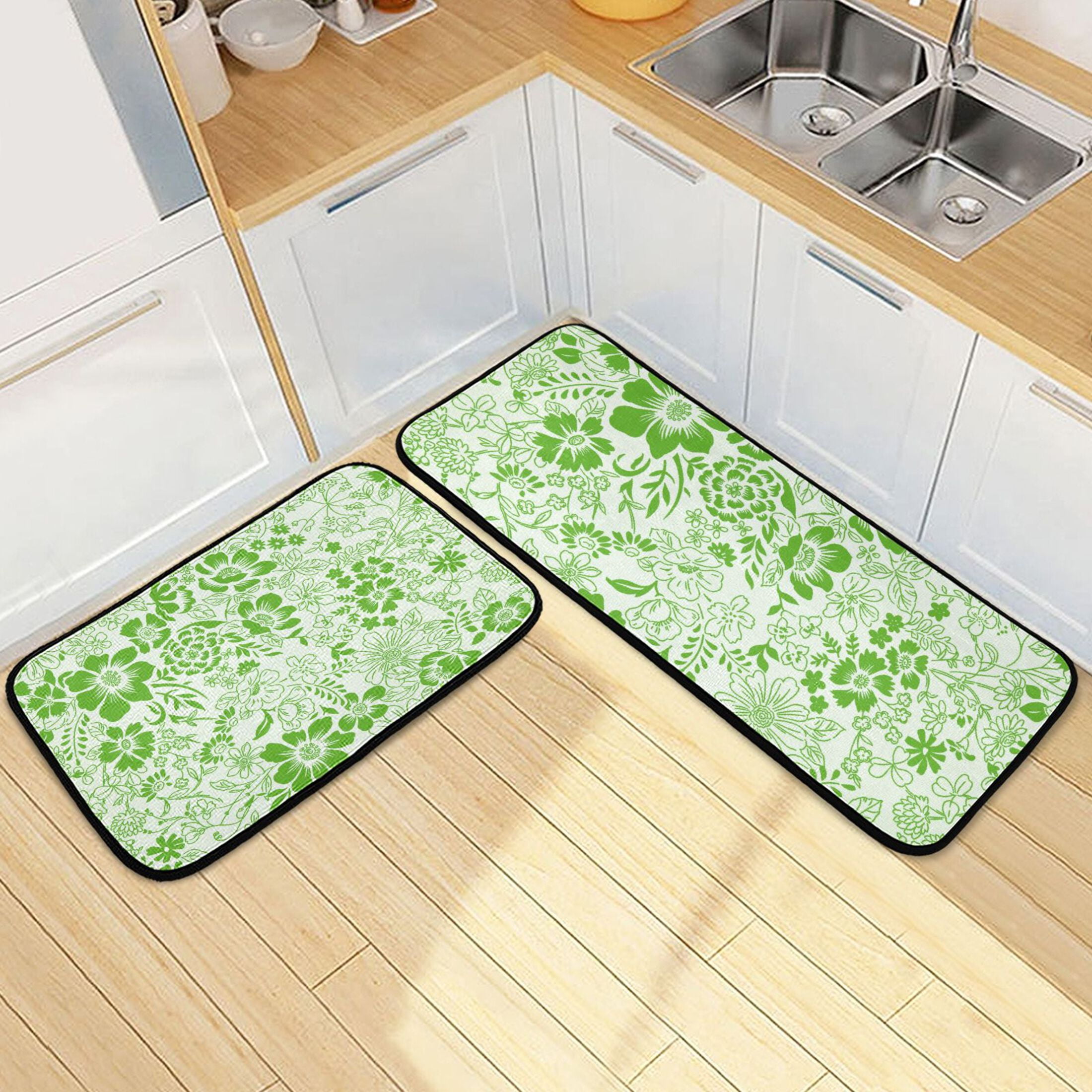 Peony Flowers Green Kitchen Mats Set 2 Piece Non Slip Floor Foam Rugs ...