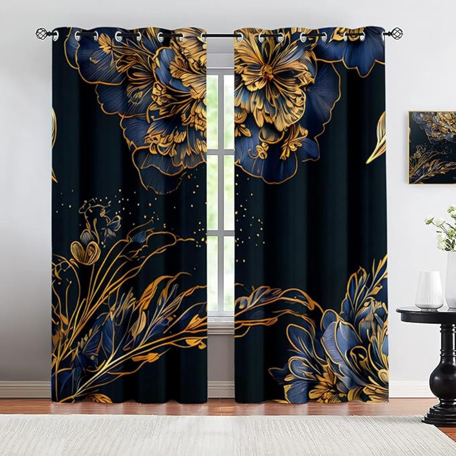 Peony Flowers Print Curtain, Modern Golden Line Plants And Flowers ...