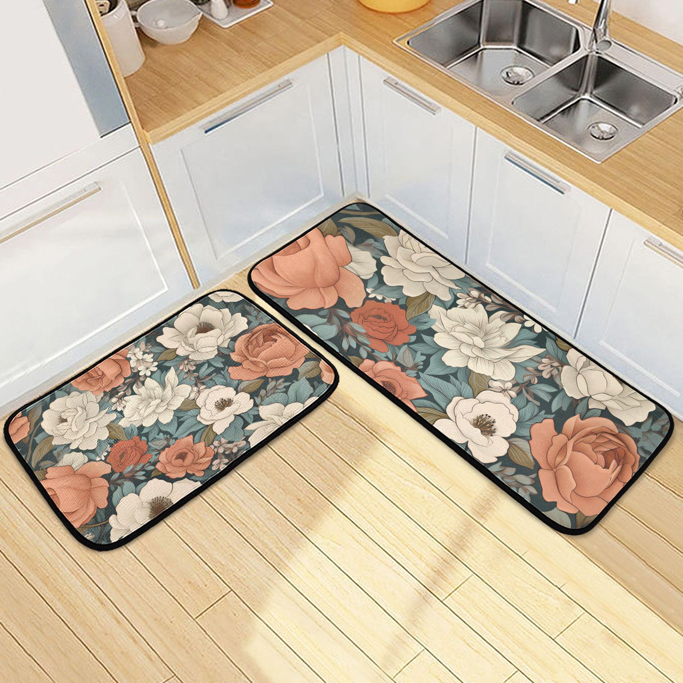 Peony Flowers and Leaves Kitchen Mats Set 2 Piece Non Slip Floor Foam ...