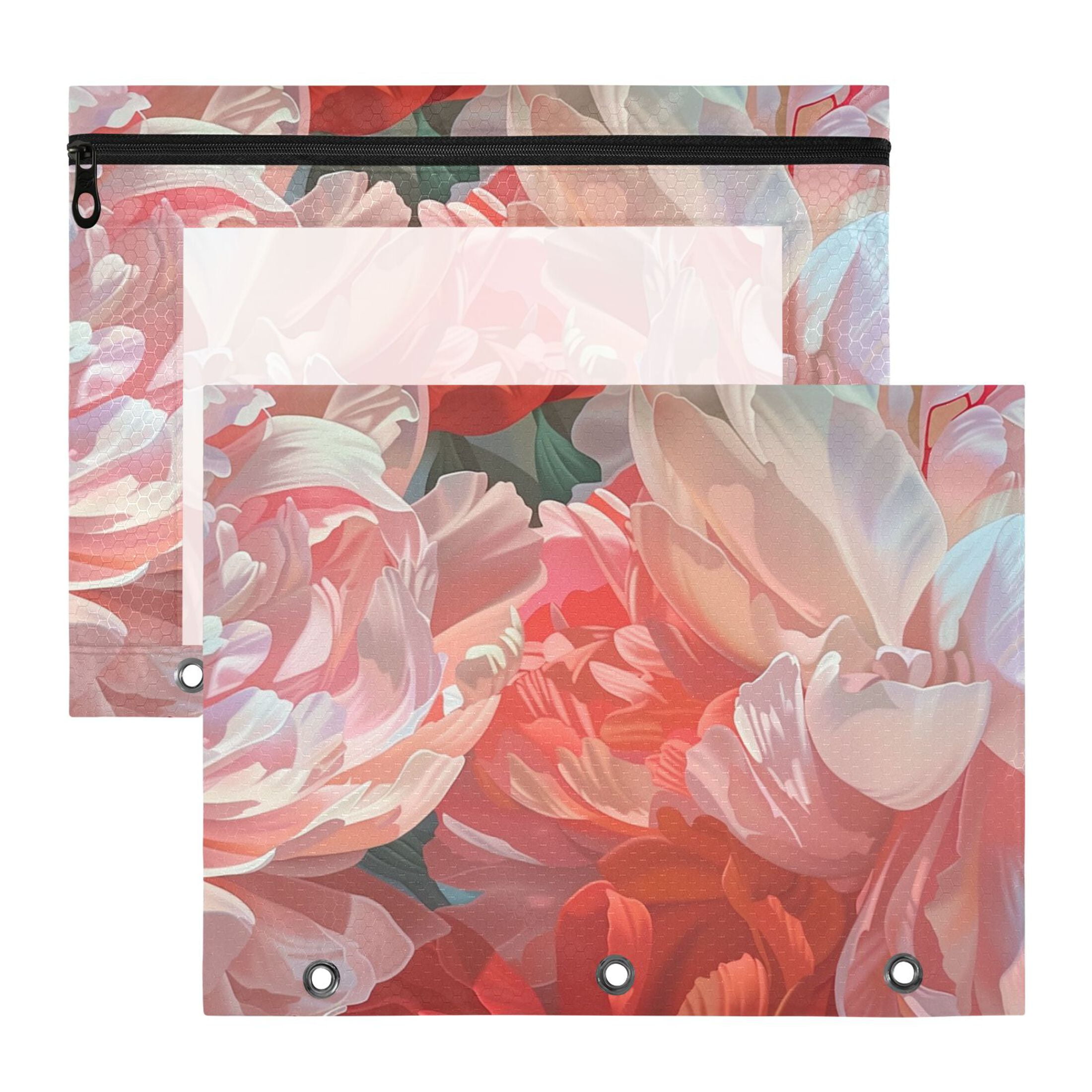 Peony Oil Painting 3-Ring Binder Pouches A4 Size Zipper Pocket File ...