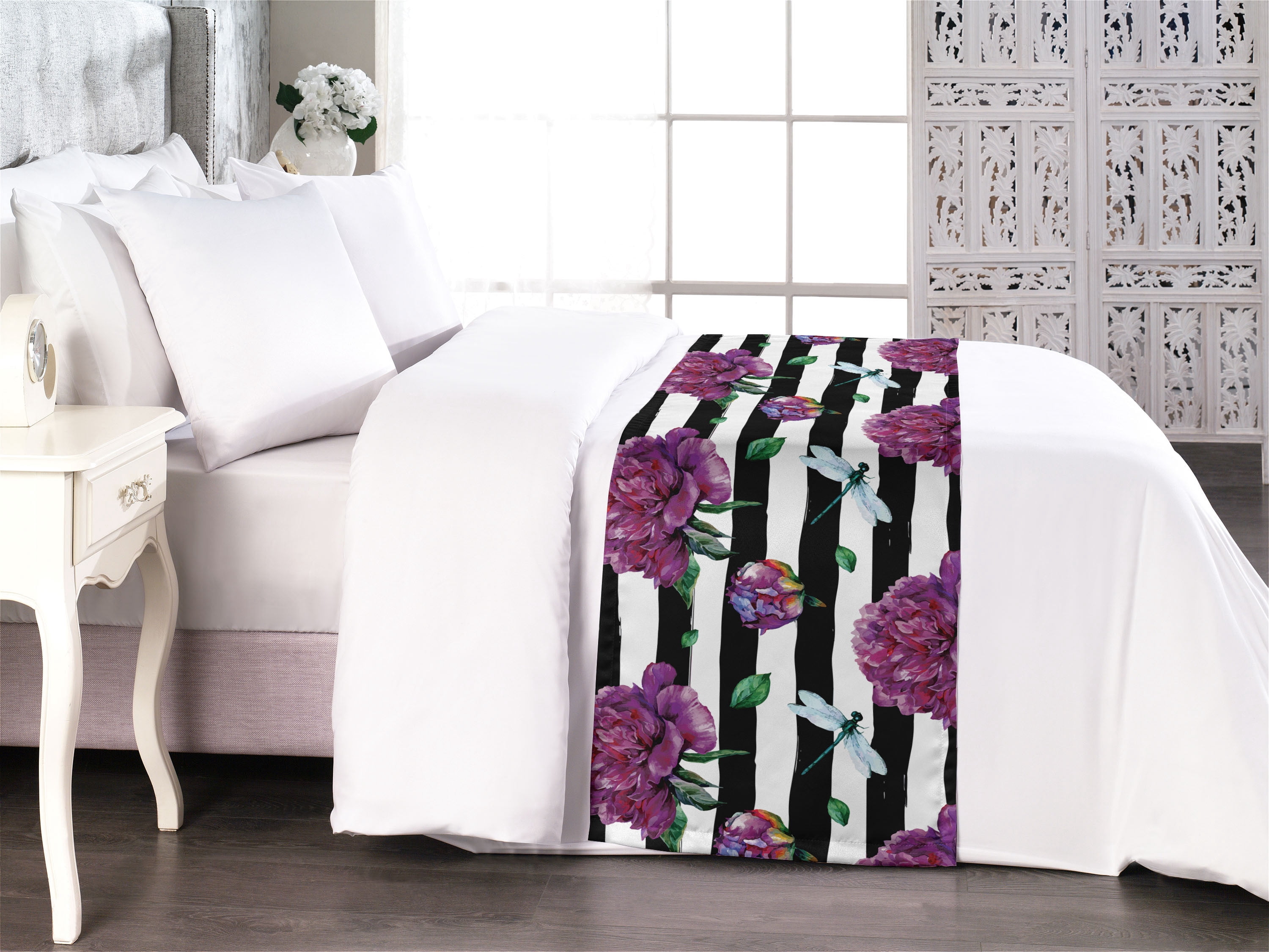 Peony Pattern Bed Runner, Springtime Flowers with Dragonfly Pattern on ...