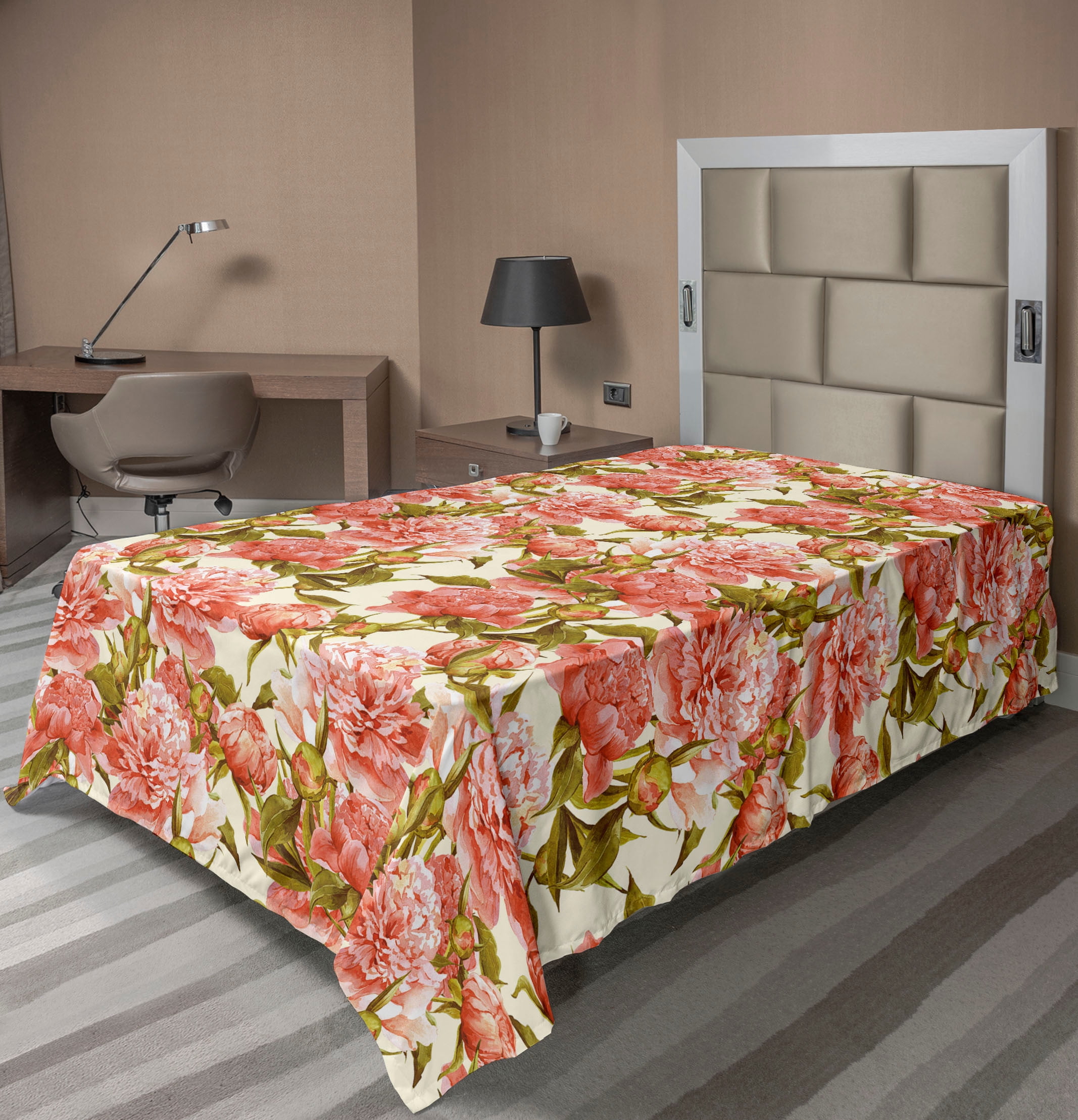 Peony Pattern Flat Sheet, Vintage Color Palette Flowers Boho with ...