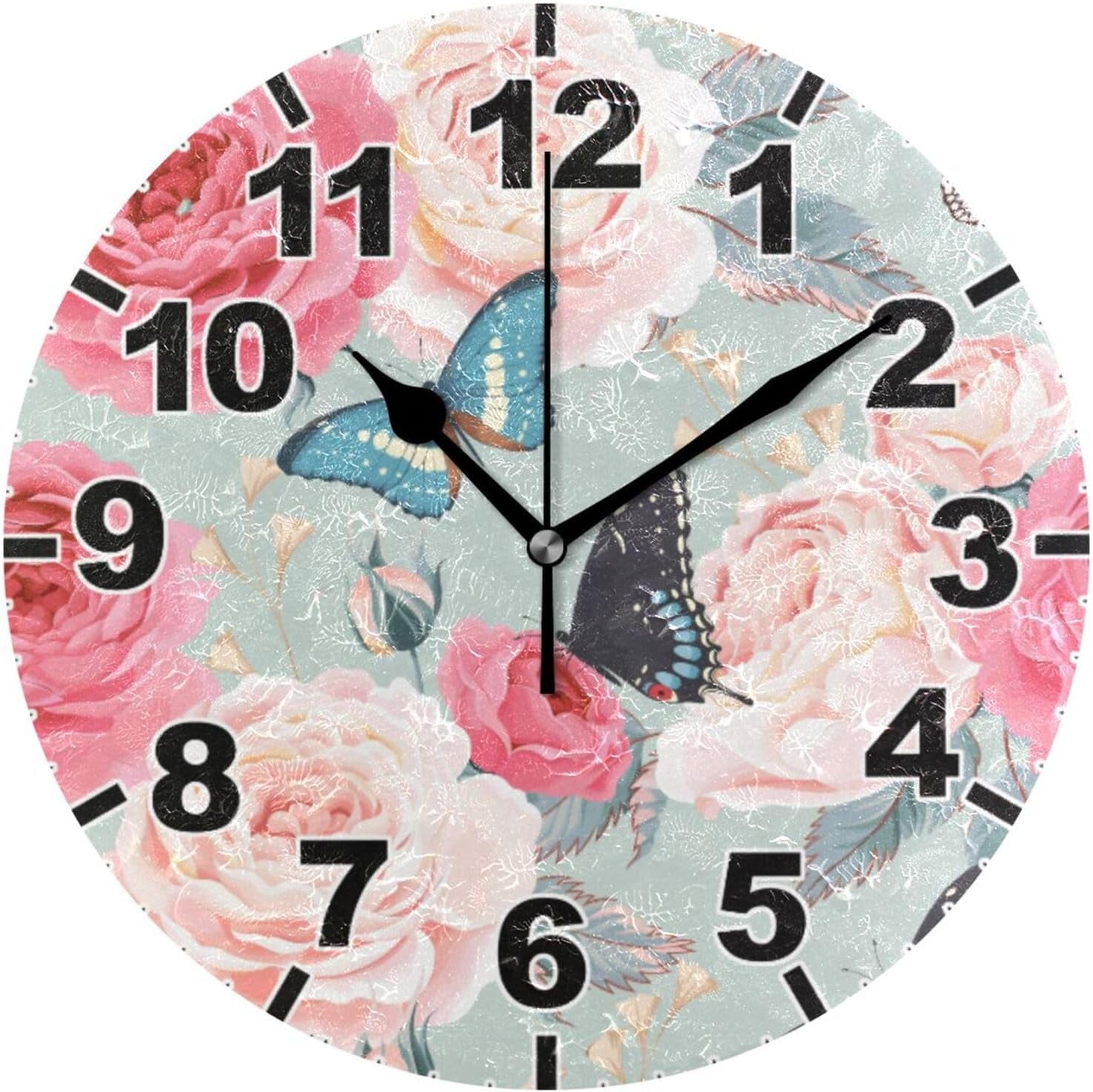 Peony Roses and Butterflies Round Wall Clock, Battery Operated Silent ...