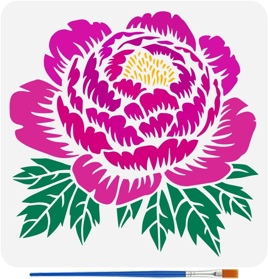 Peony Stencils with a Paint Brush 11.8x11.8Inch Realistic Peony ...