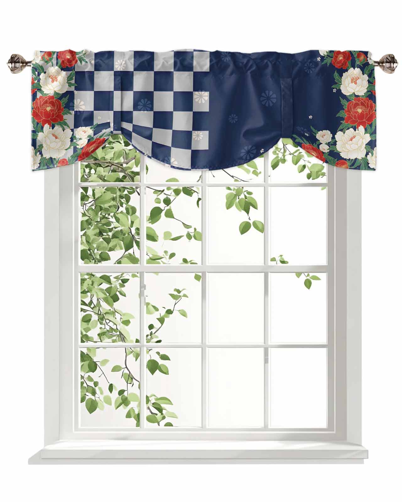 Peony Tie Up Valances Curtain, Adjustable Kitchen Harmony Japanese Blue ...