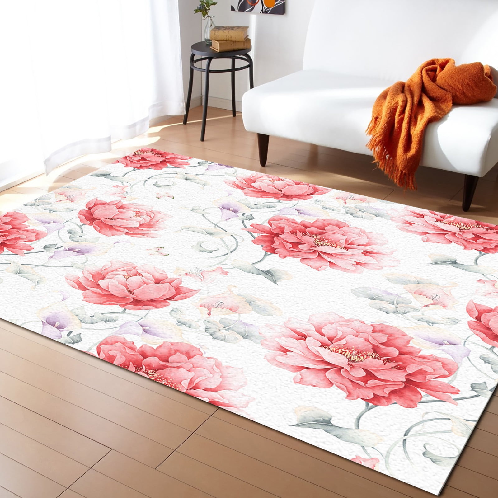 Peony Watercolor Flowers Living Room Floor Mat Children's Room Bedroom ...