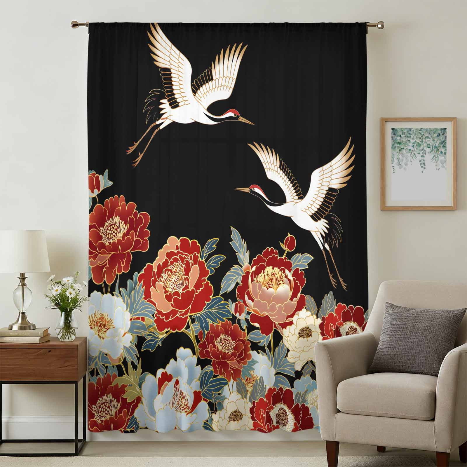 Peony White Bird Sheer Curtains 108" Extra Long, Black Farmhouse Retro ...