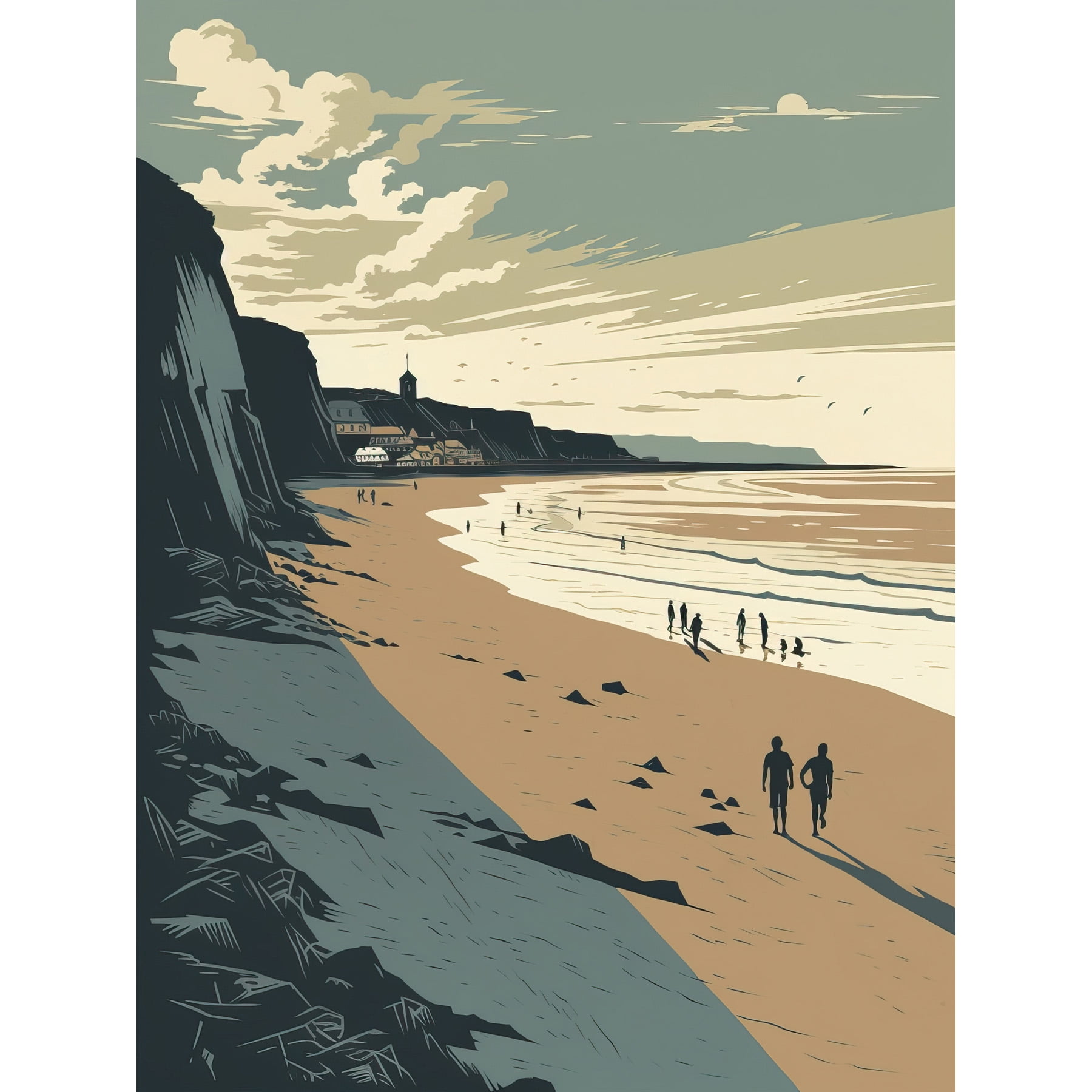 People Walking on Filey Beach Coastal Illustration Extra Large XL Wall ...