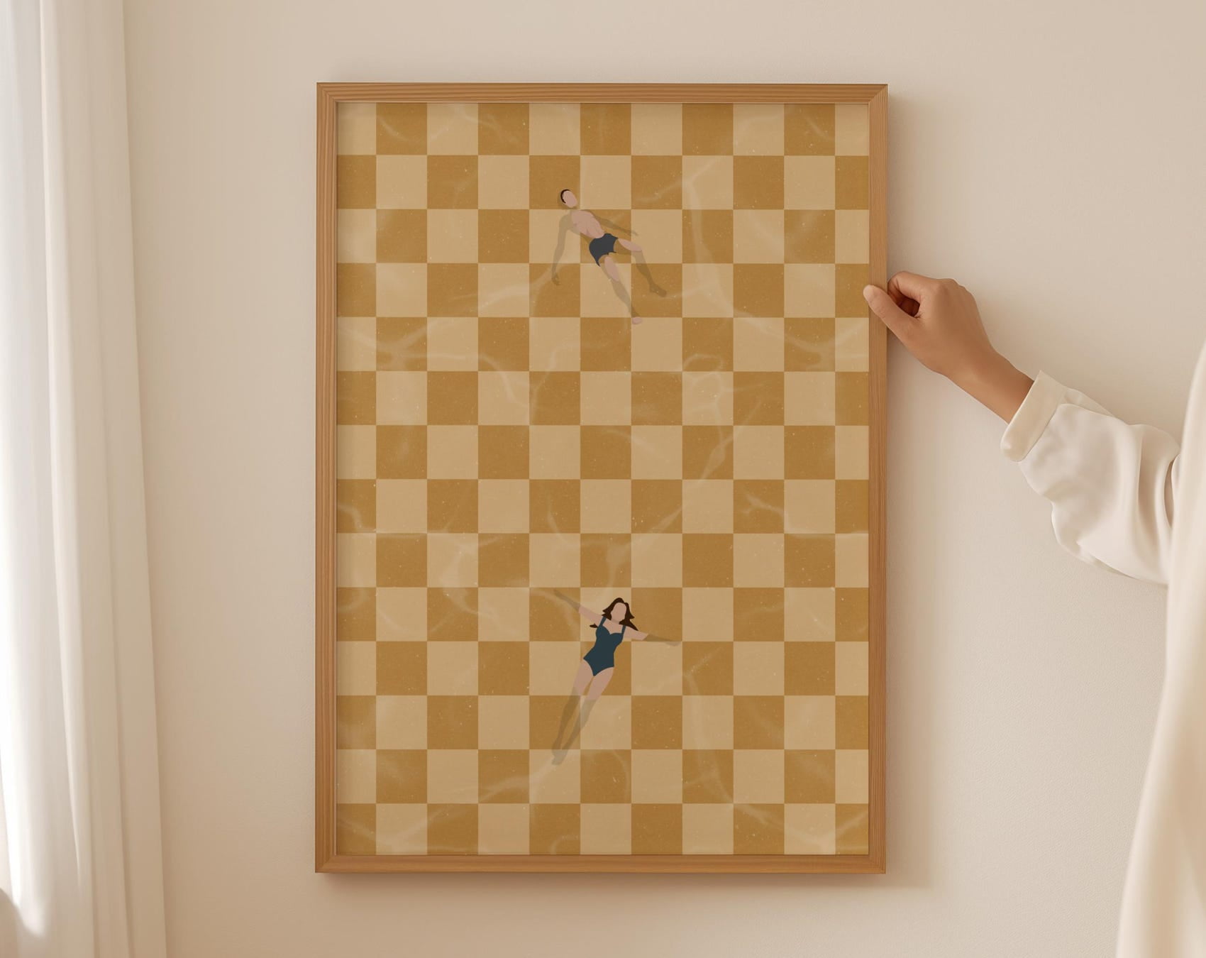 People at Pool Print | Retro Yellow Checkerboard Pool Cute Couple ...