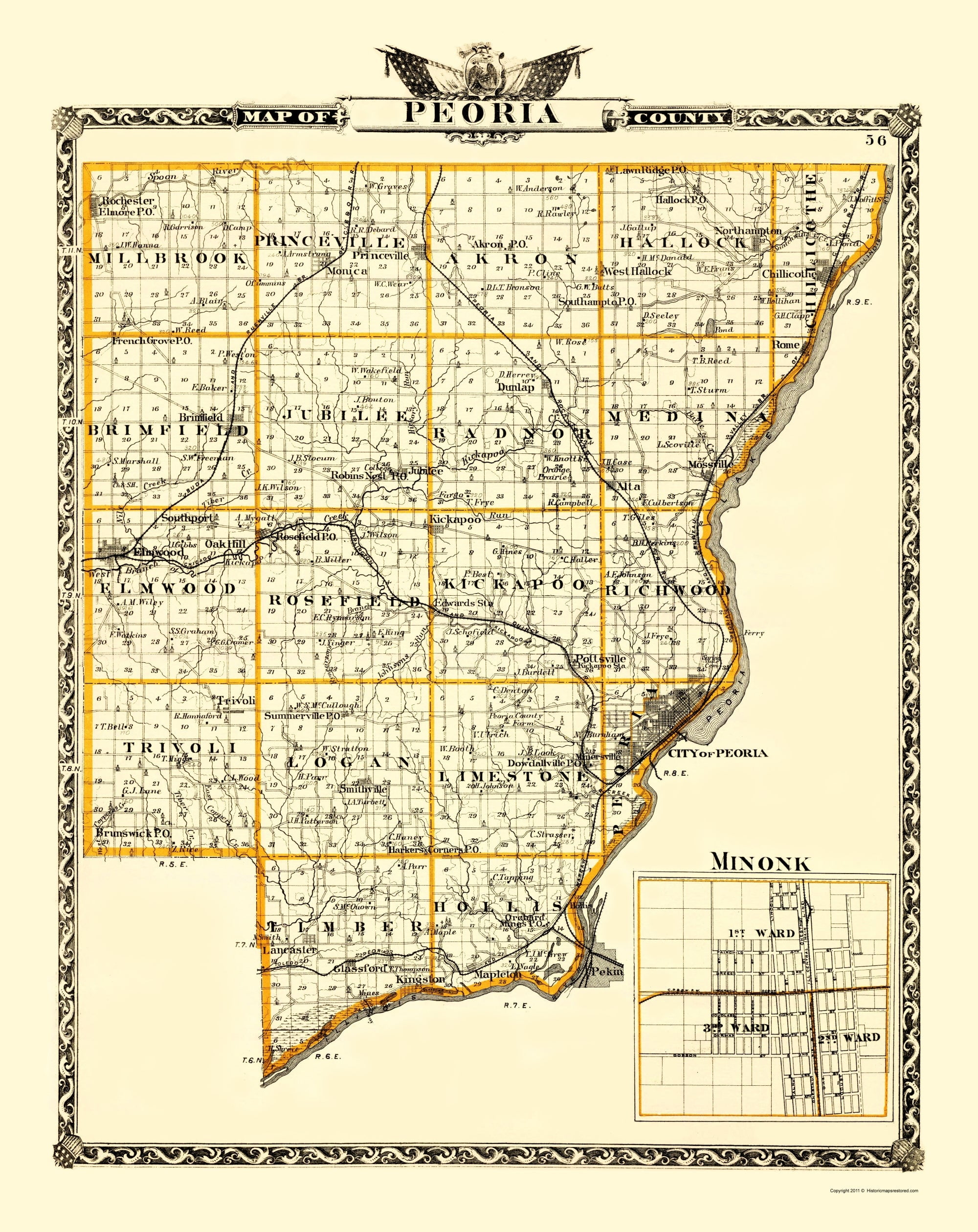Historic County Map - Peoria County Illinois - Warner 1876 - 23 x 28.96 ...