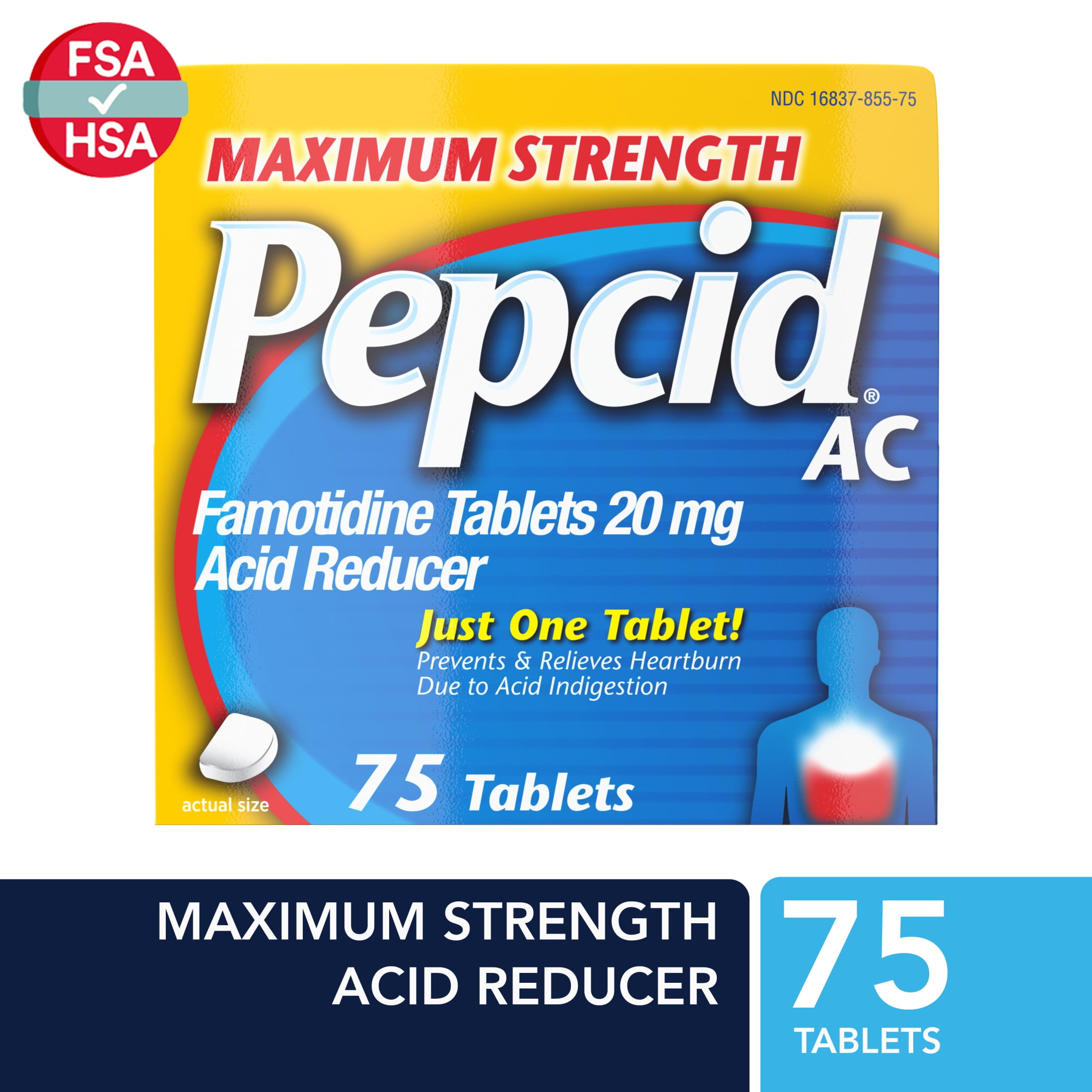 Pepcid AC Maximum Strength Heartburn Medicine, Famotidine, 75 Count HSA ...