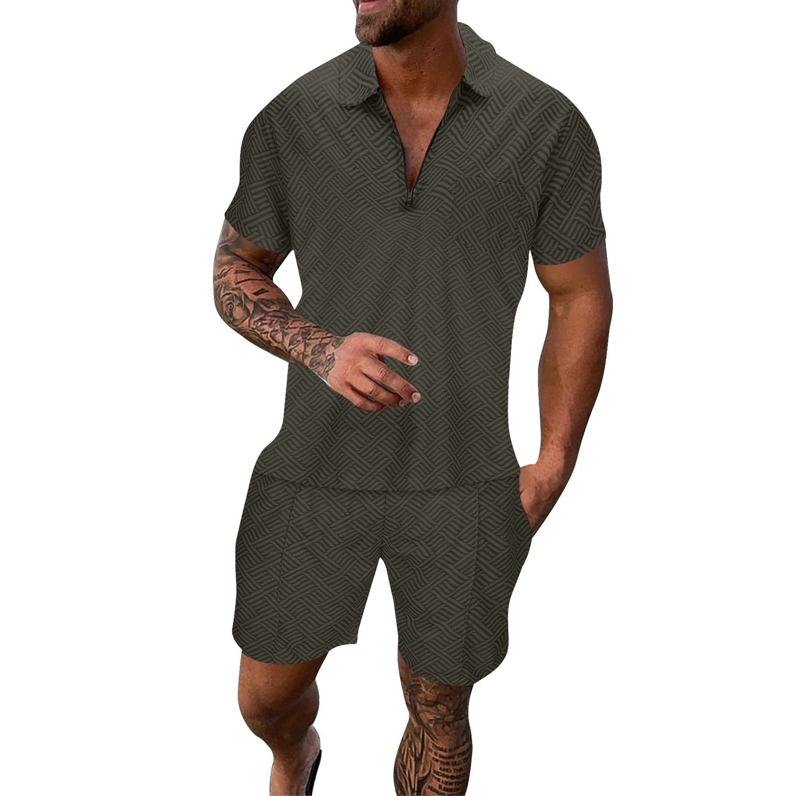 Pepeey Mens 2 Piece Zip Tracksuit Short Sleeve Print Shirt and Shorts ...