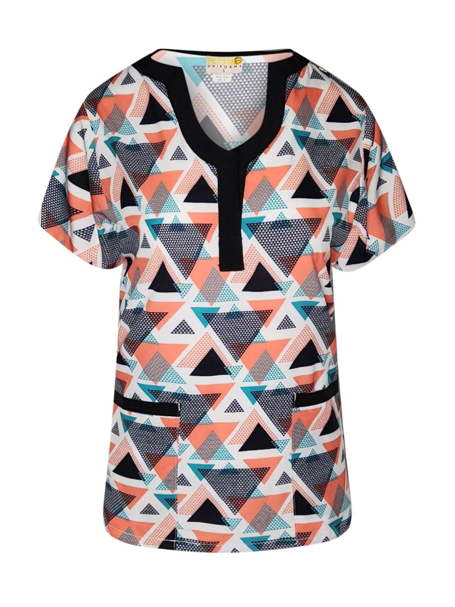 Pepino Uniforms Printed Black Linked Triangles U-Neck Scrub Top ...