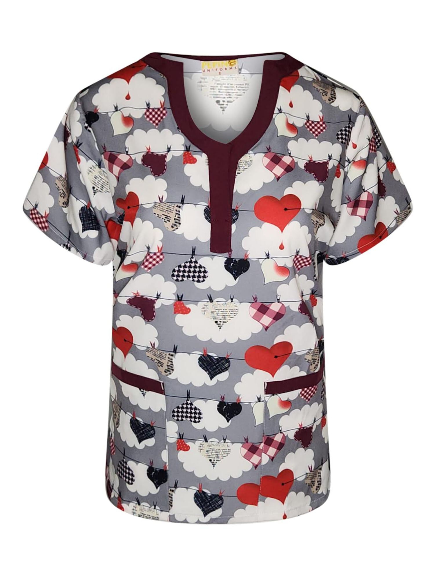 Pepino Uniforms Printed Heartline Burgundy Trim U-Neck Scrub Top ...