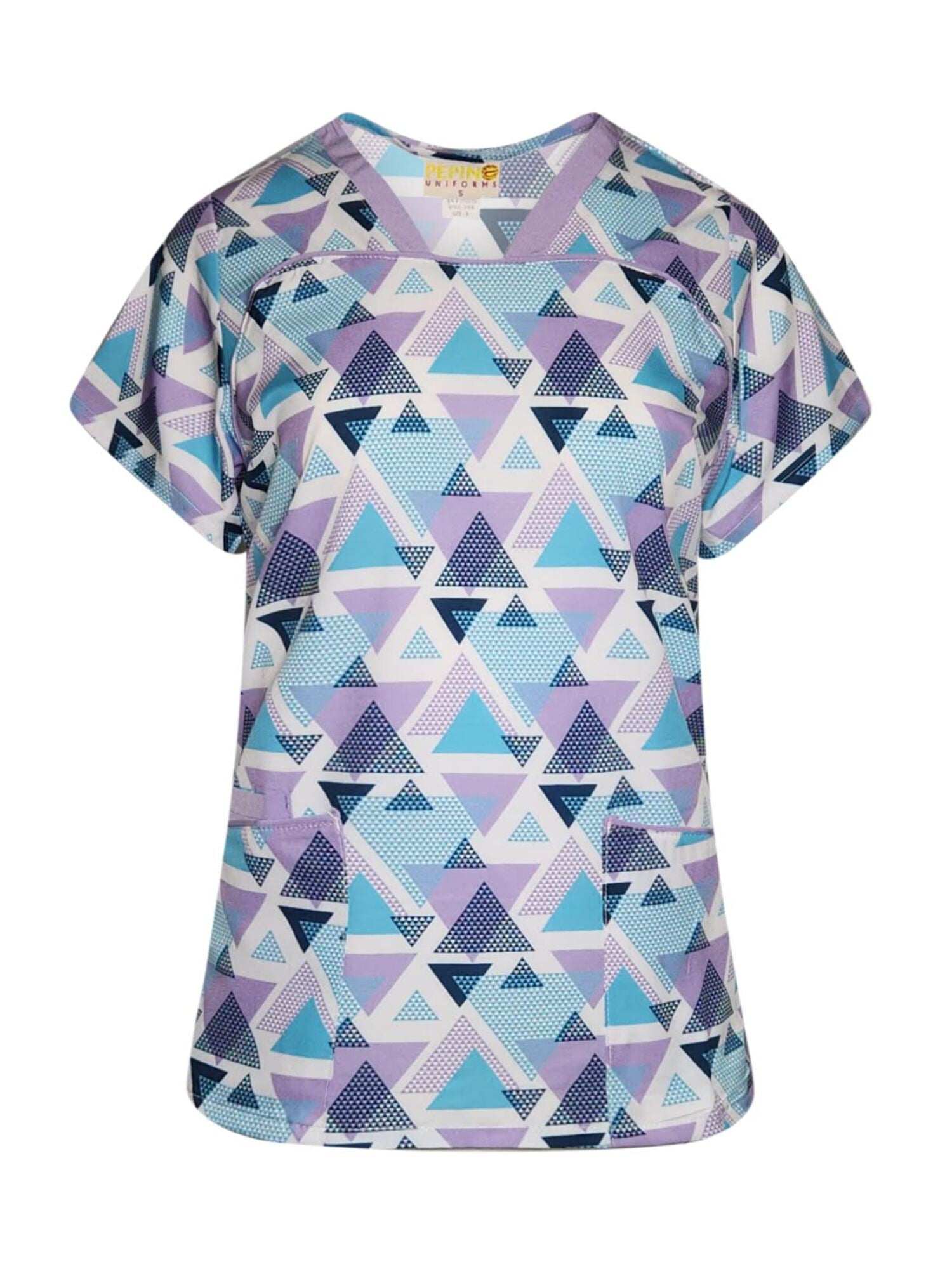 Pepino Uniforms Printed Lavender Linked Triangles V-Neck Piping Scrub ...