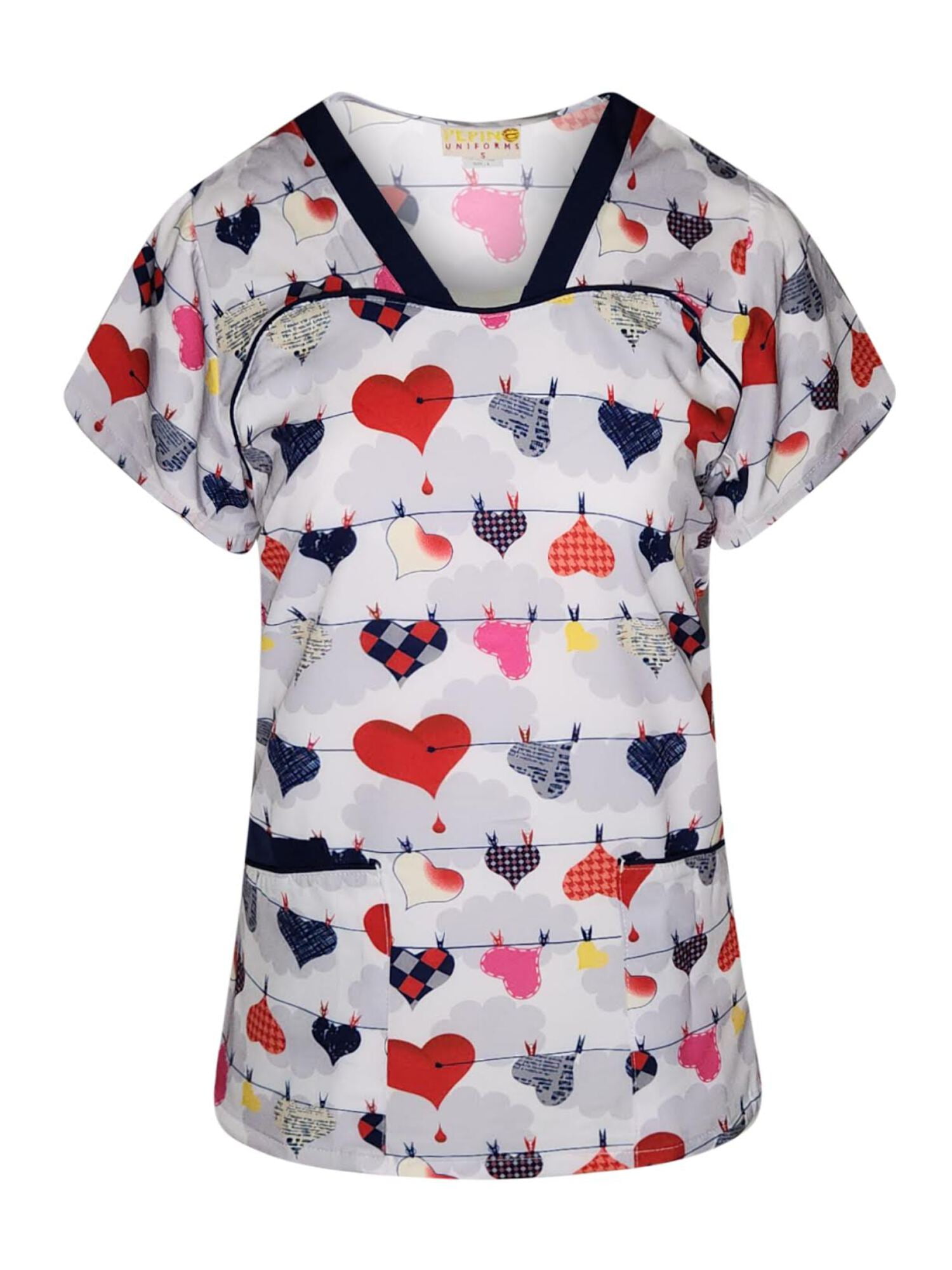 Pepino Uniforms Printed Navy Heartline Piping V-Neck Scrub Top ...