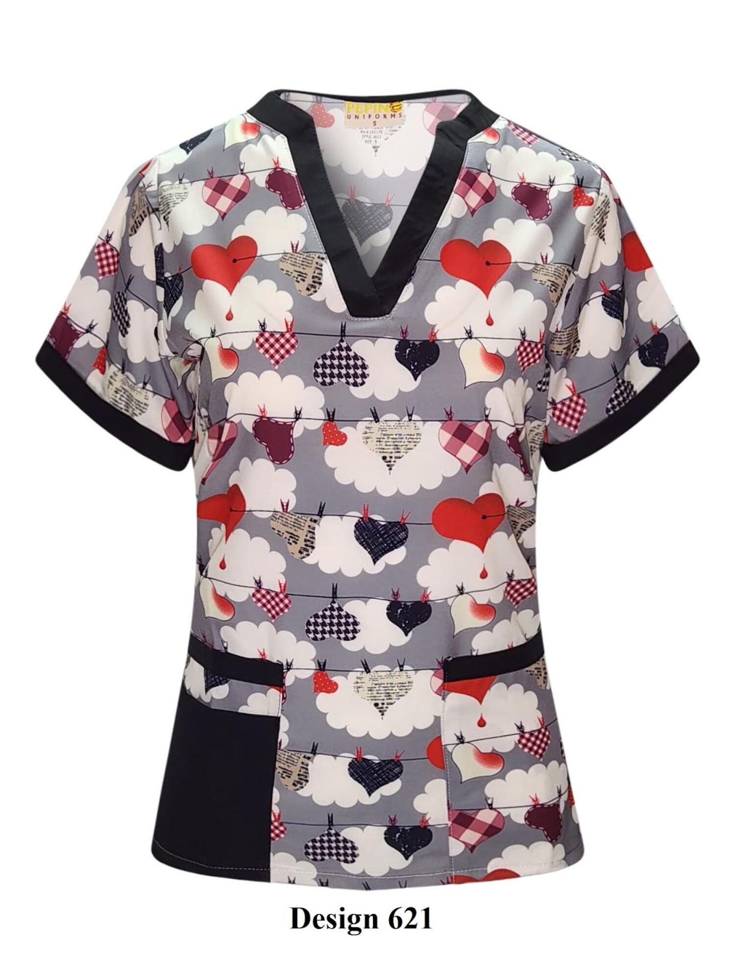 Pepino Uniforms Printed Shaded Hanging Hearts V-Neck Scrub Top ...