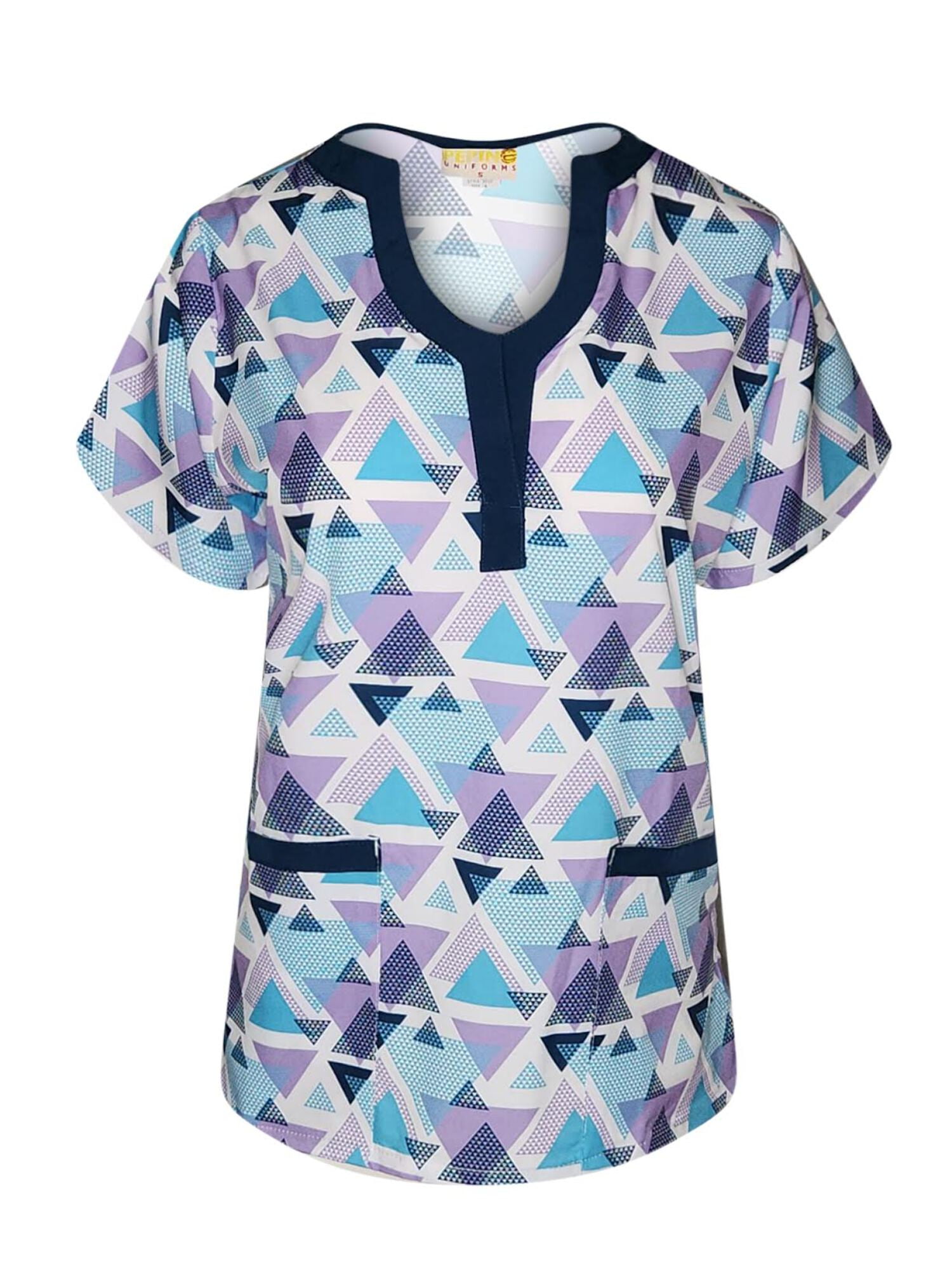 Pepino Uniforms Printed Turquoise Linked Triangles U-Neck Scrub Top ...