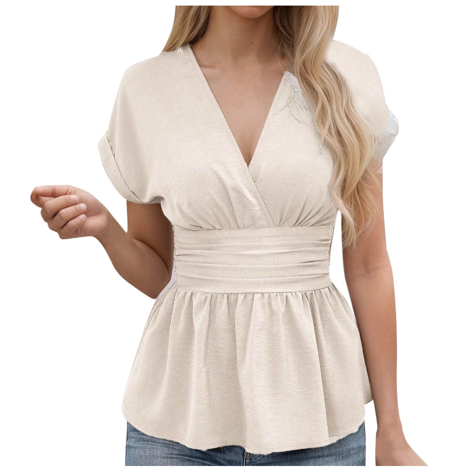 Peplum Tops for Women Wrap V Neck Cap Short Sleeve Tunic Top Waist ...