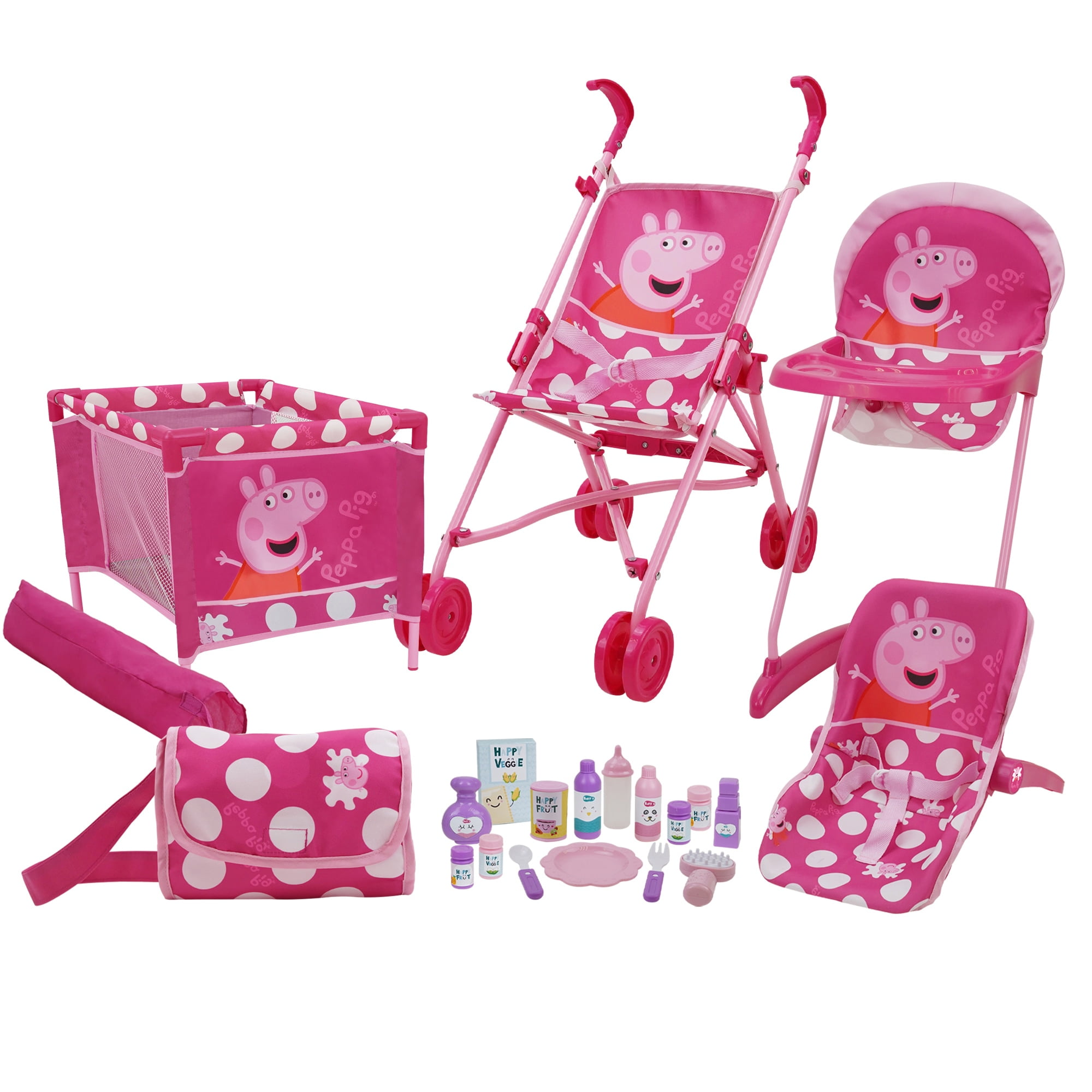 Peppa Pig: 21 Piece Doll Play Set - Pink & White Dots - Highchair ...