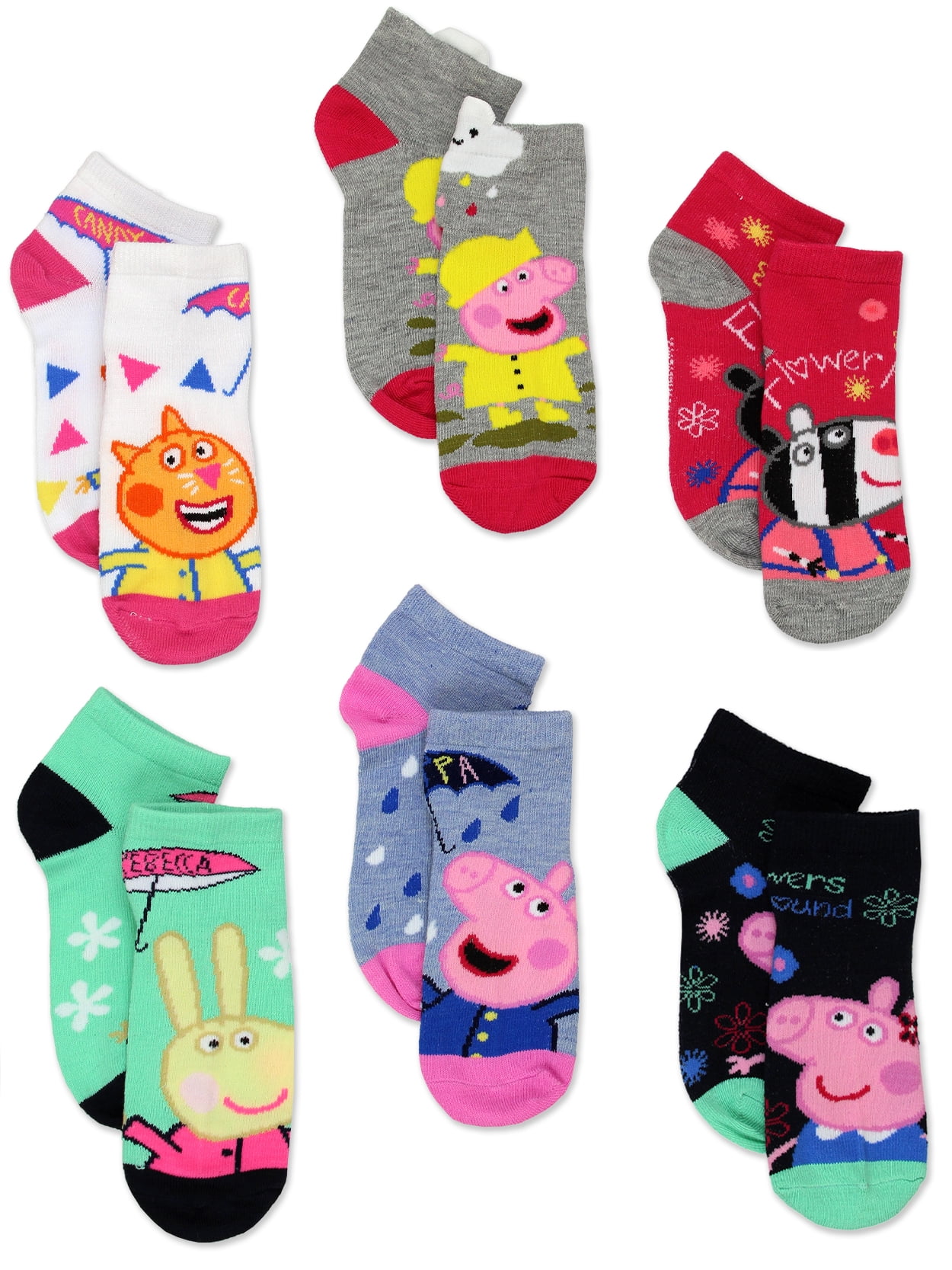 Peppa Pig Girls 6-Pack Quarter Socks Set, Size 6-8 (Little & Big Girls ...