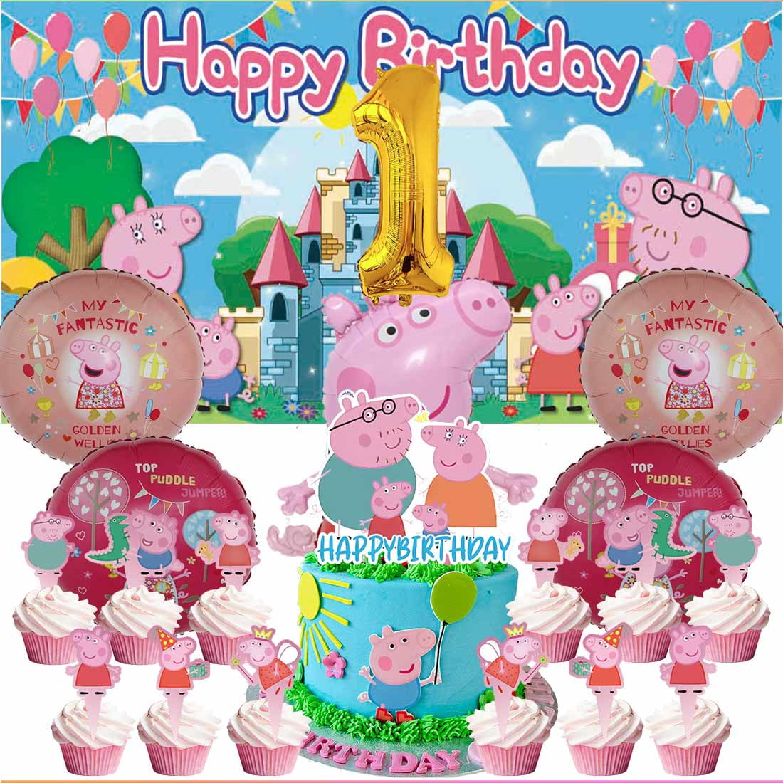 Peppa Pigs Party Supplies Decor 1st Kit Balloons Birthday Cake Topper ...