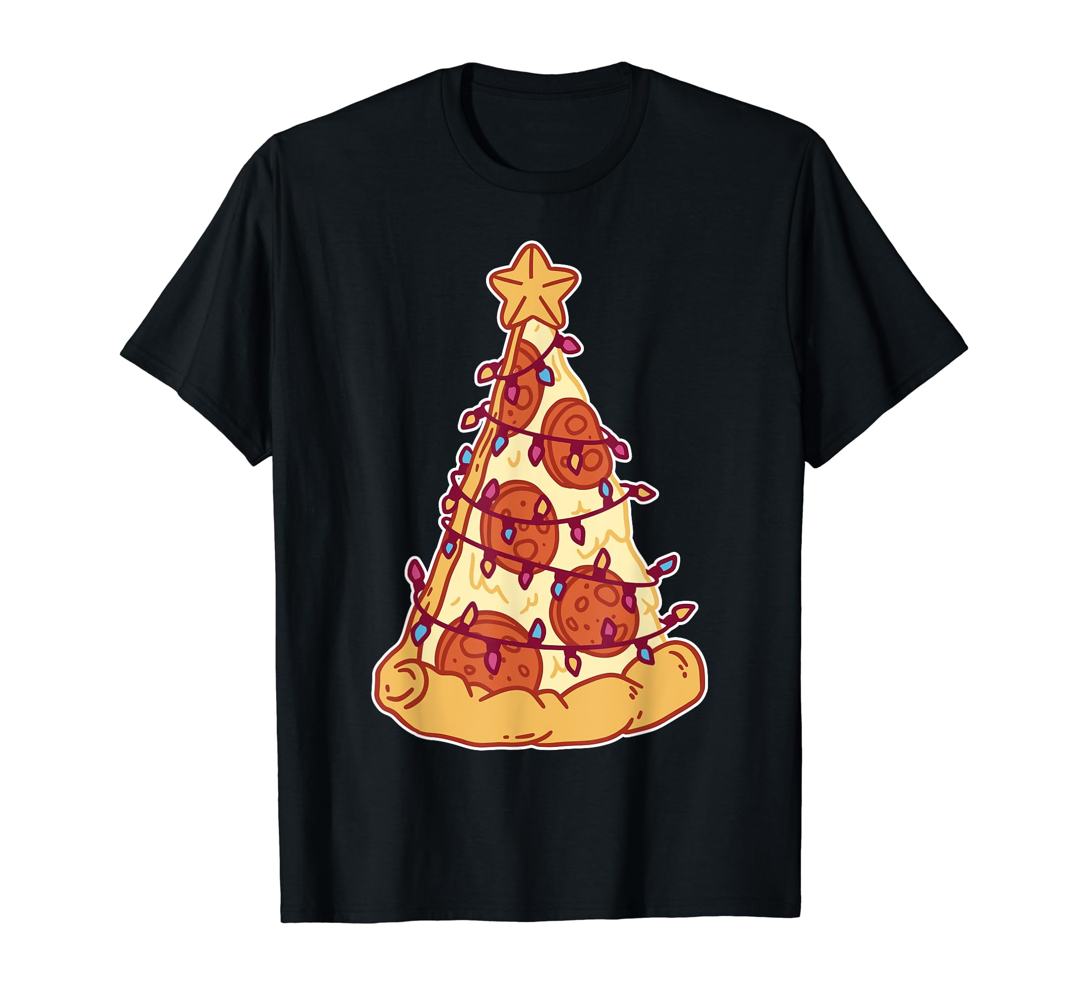 Pepperoni Pizza Slice Christmas Tree with Lights Merry Xmas T-Shirt ...