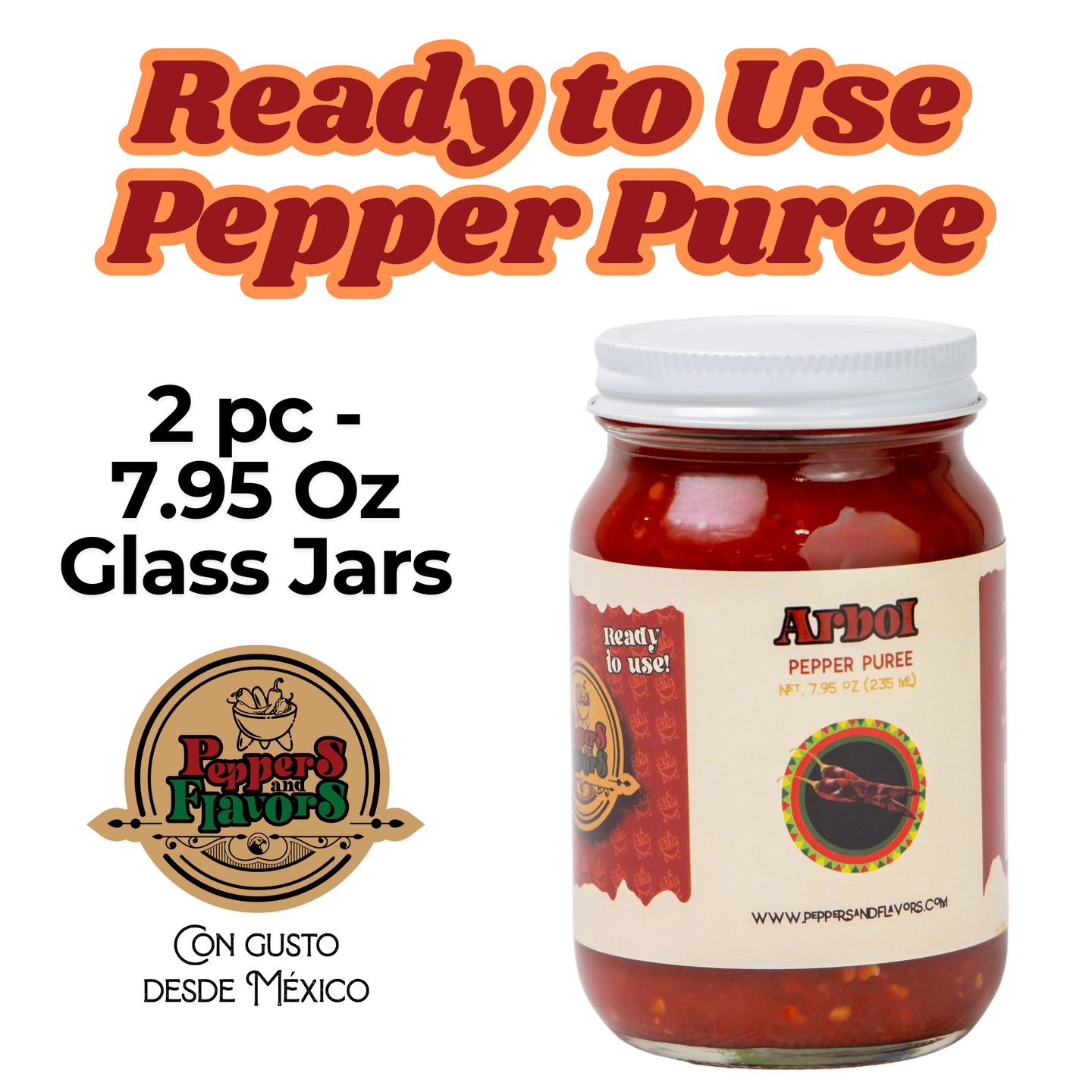 Peppers and Flavors Arbol Pepper 2-Pack Glass Jars! Ready-to-Use Puree ...