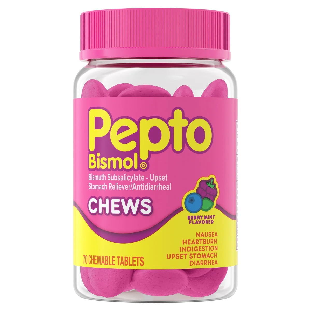 Pepto Bismol Chews, Berry Mint Flavor, 70 Chewable Tablets HSA/FSA ...