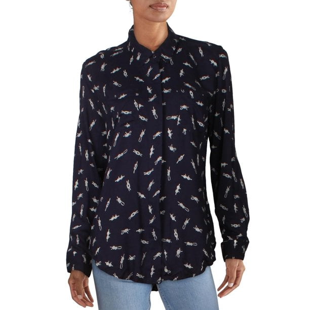 Per Se NAVY/WHITE ROPE PRINT Button up Work Office Button-Down Top, US ...