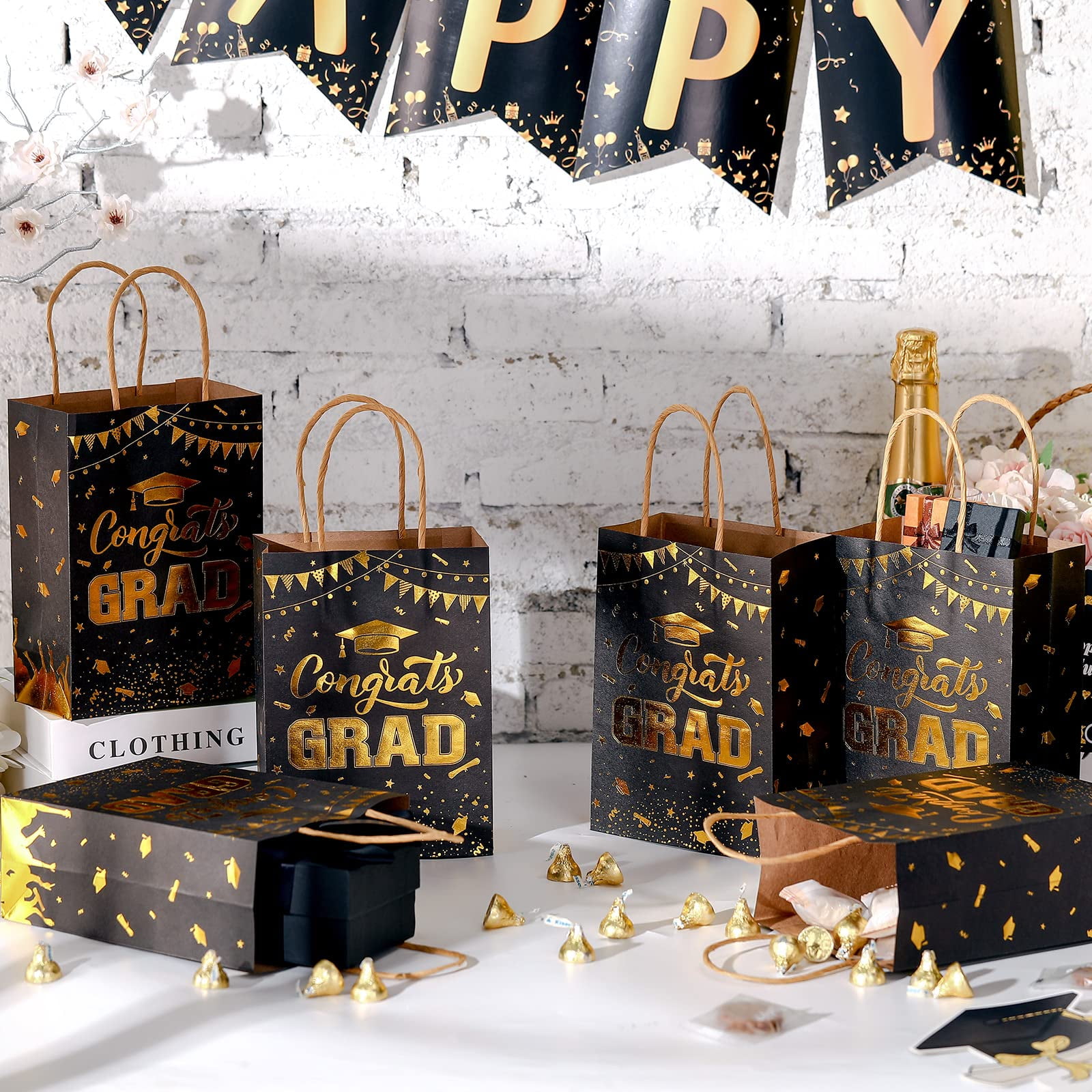 PerKoop 12 Pcs AJH3 Graduation Gift Bag 2025 with Handles Gold Congrats ...