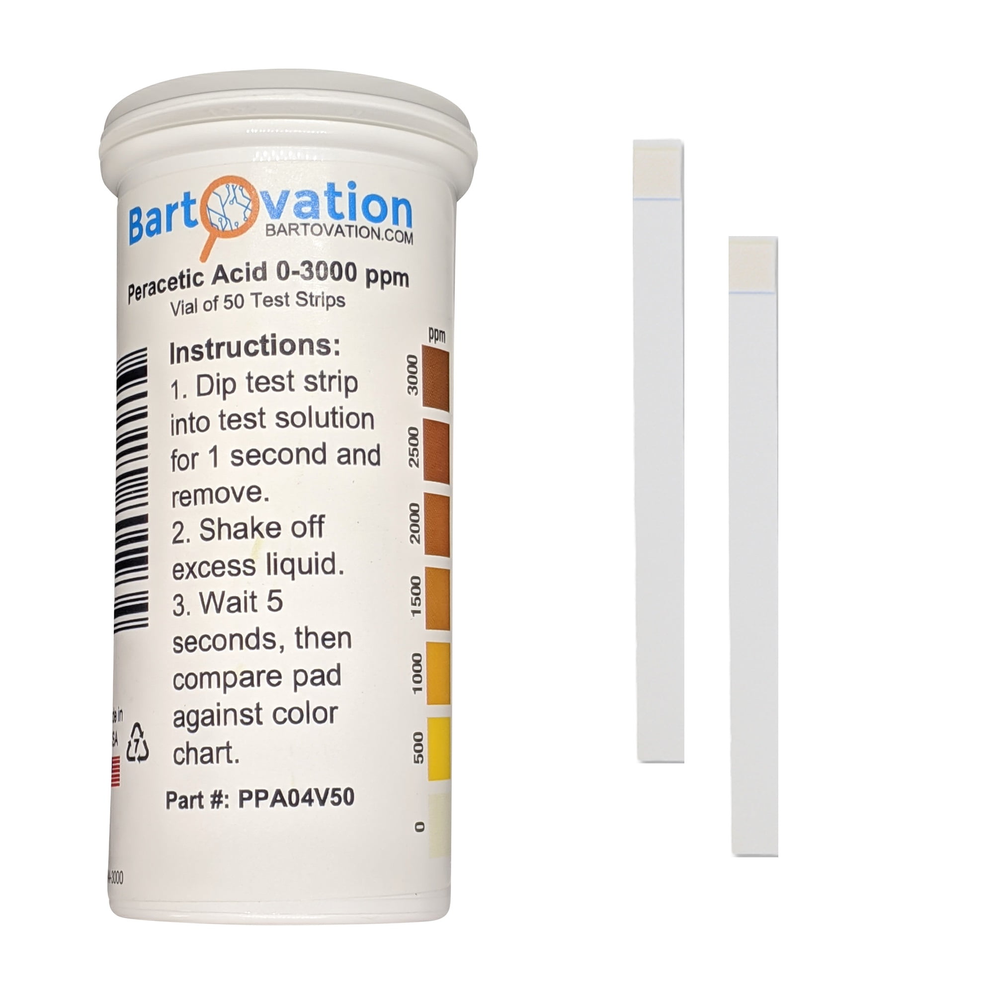 Peracetic Acid Test Strips, Extra High-Level, 0-3000 ppm [Vial of 50 ...