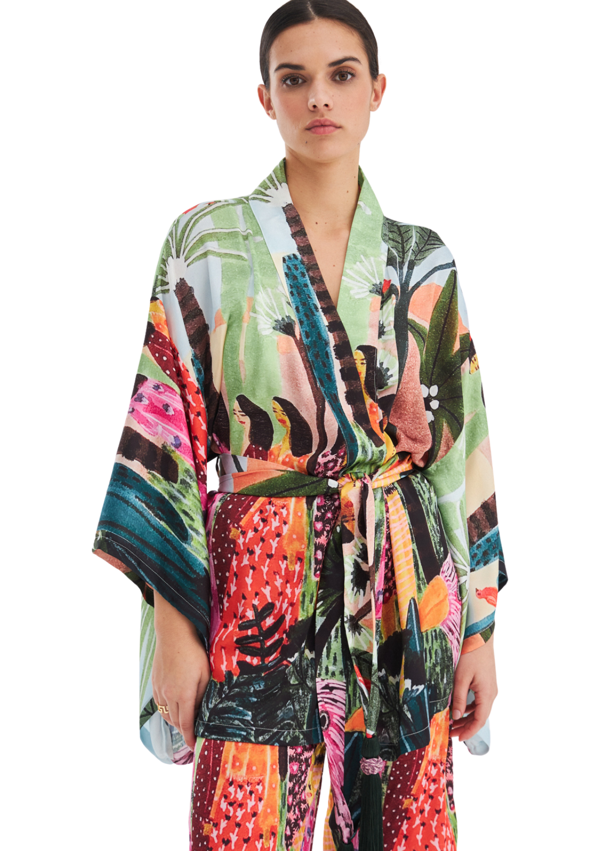 Peraluna Shuko Tropical Patterned Wide Sleeve Satin Women's Kimono ...