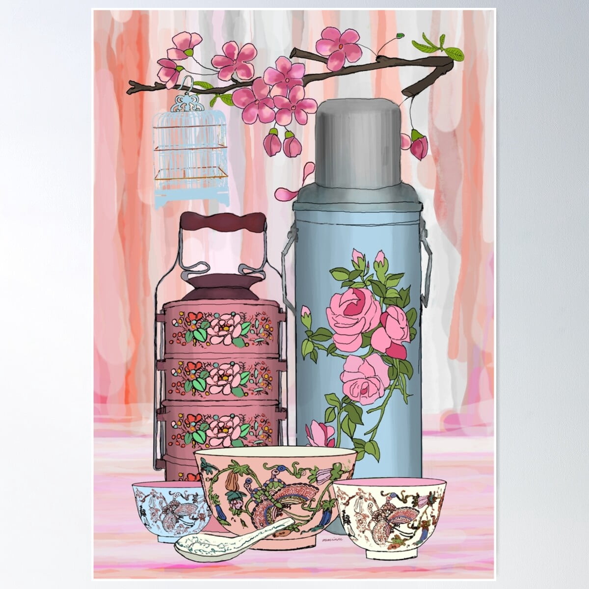 Peranakan Nyonya Tiffin Plum Poster Wall Art, Modern Wall Decor For ...