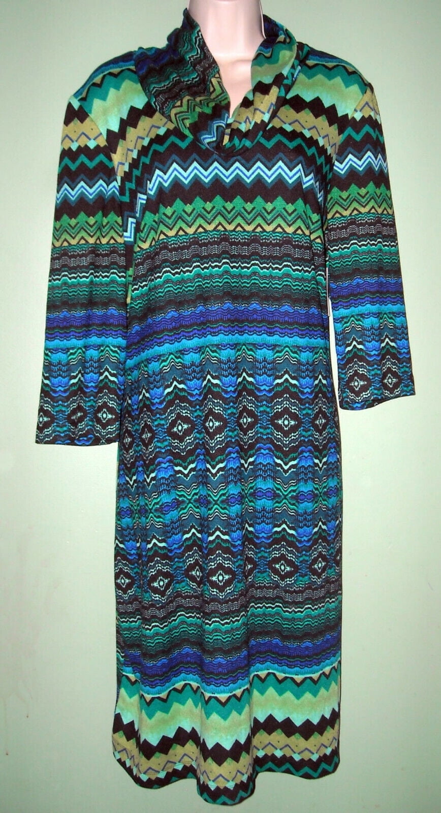 Perceptions New York Cowl Neck 3/4 Sleeve Dress (Green/Blue, XXL ...