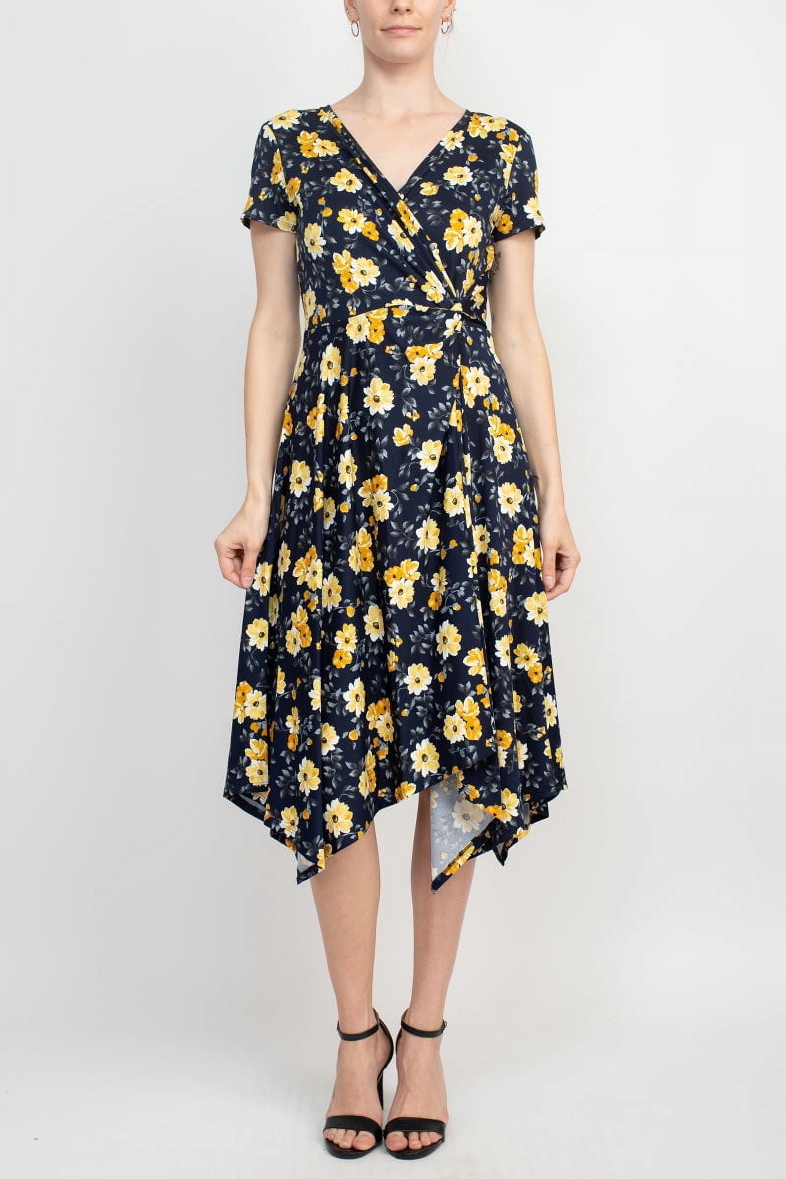 Perceptions V-Neck Short Sleeve Gathered Side Floral Print ITY Dress-NAVY YELLOW / S - Walmart.com