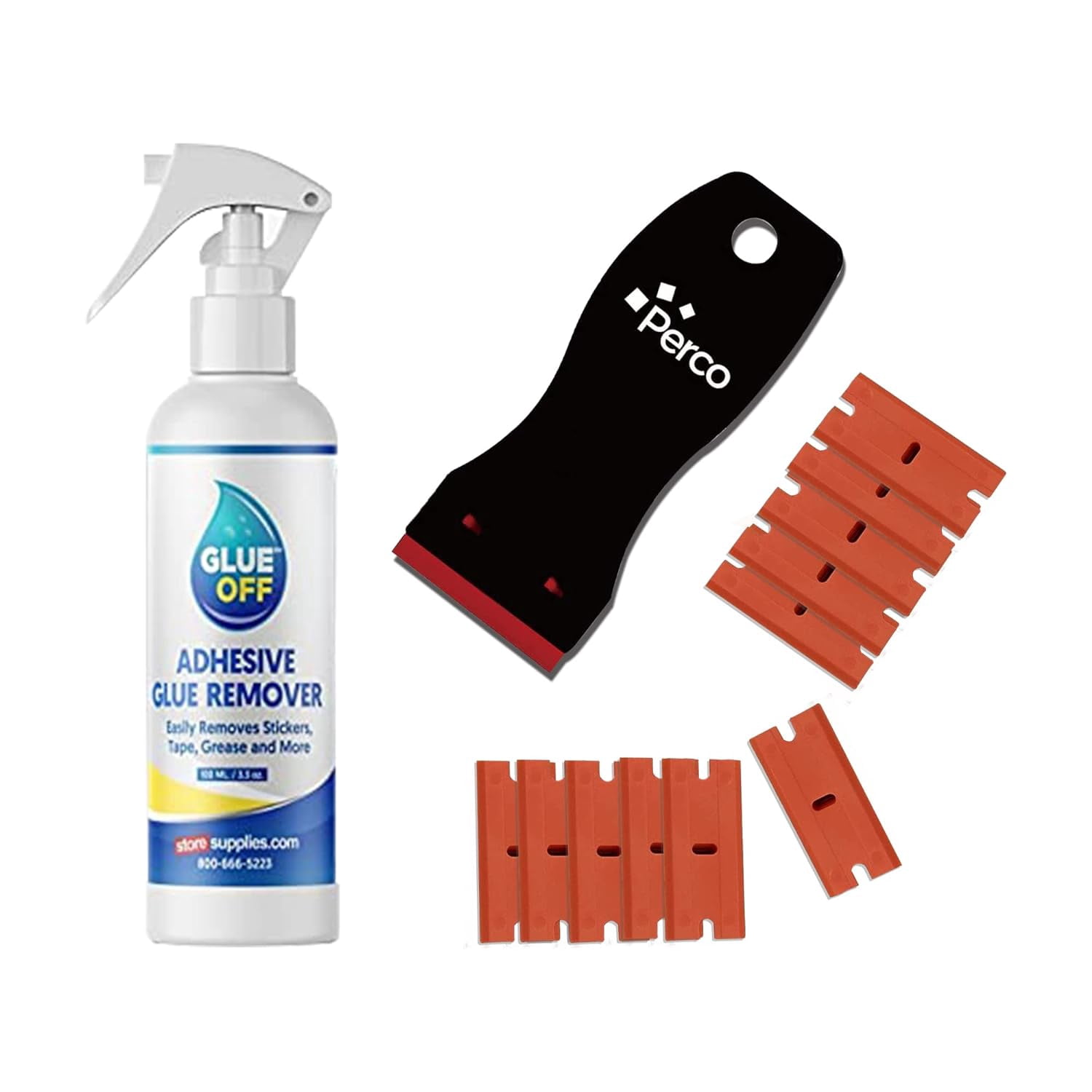 Perco Glue Off Adhesive Remover 3.3 oz & Scraper with Plastic Razor for ...