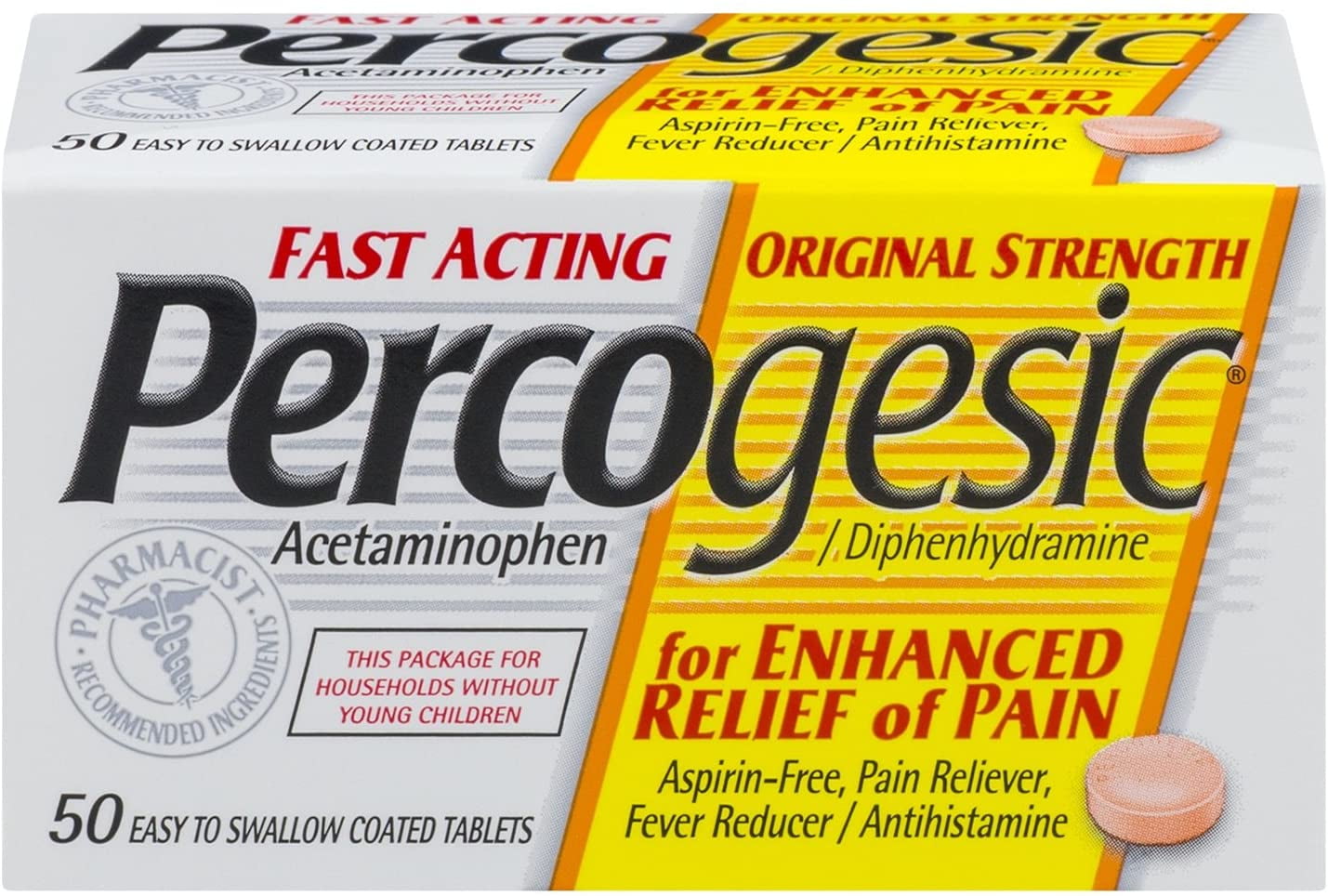 Percogesic Tablets 50 Tablets [Acetaminophen/Diphenhydramine] (Pack of ...