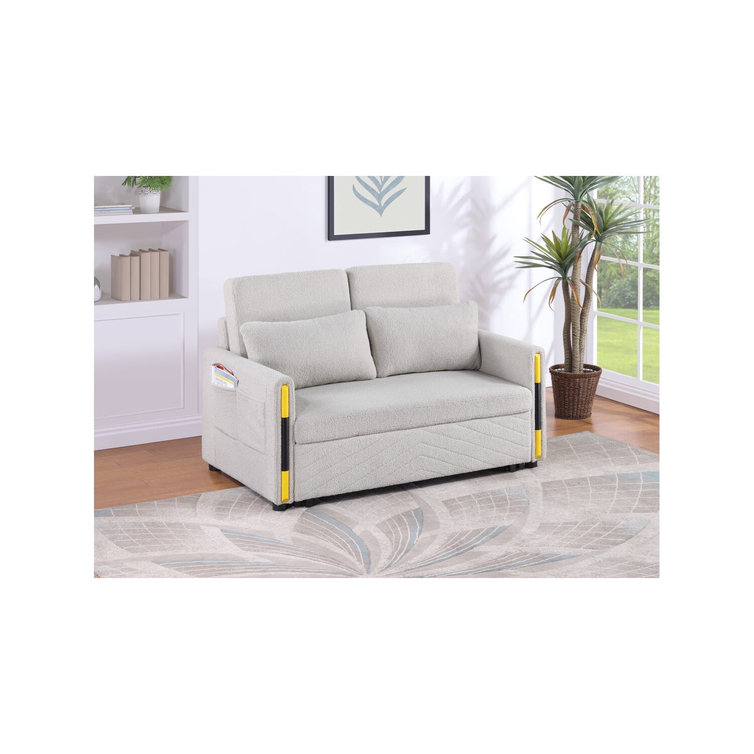 Percy 55.5"W Beige Teddy Velvet Sleeper Loveseat with Dual-Pull Sleeper ...