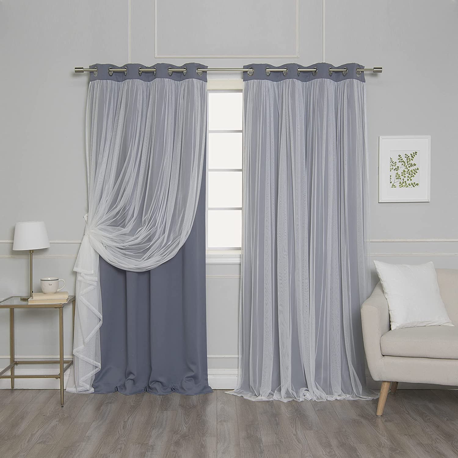 Perfactly Set of 2 Lace Tulle Overlay Thermal Insulated Solid Blackout ...