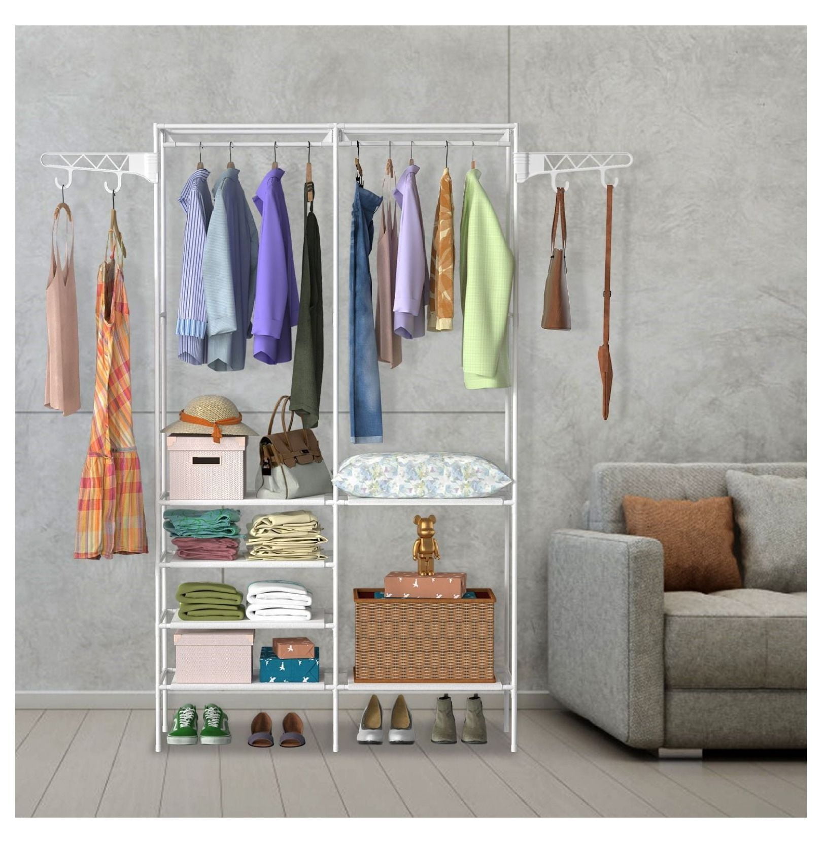 Perfect 4 Tier Closet Organizer Shelf with Hanging Rod and Fabric ...
