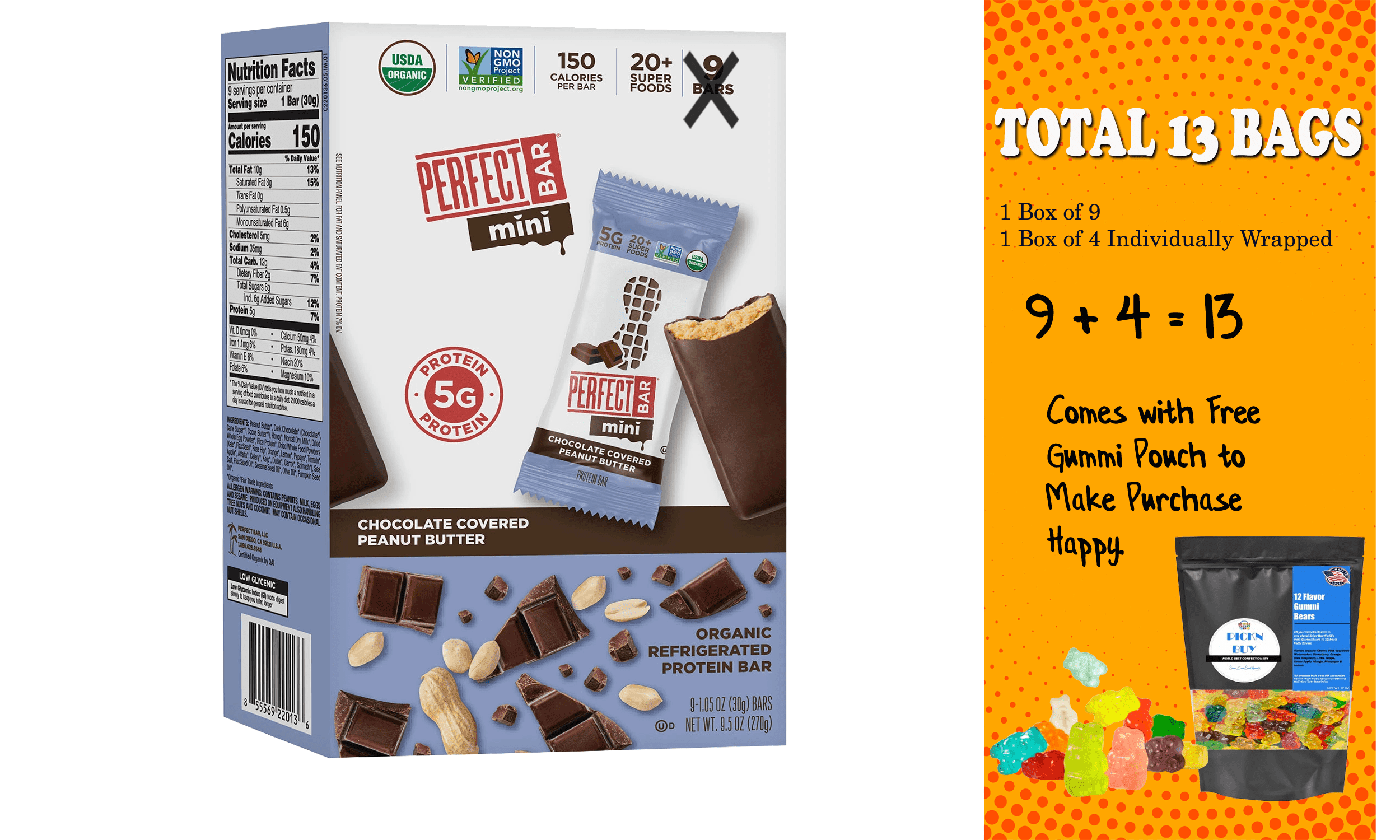 Perfect Bar Organic Chocolate Covered Peanut Butter Mini Protein Bar ...