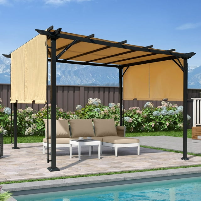 Perfect Garden 12 x 9.5 FT Outdoor Steel Frame Pergola with Retractable ...