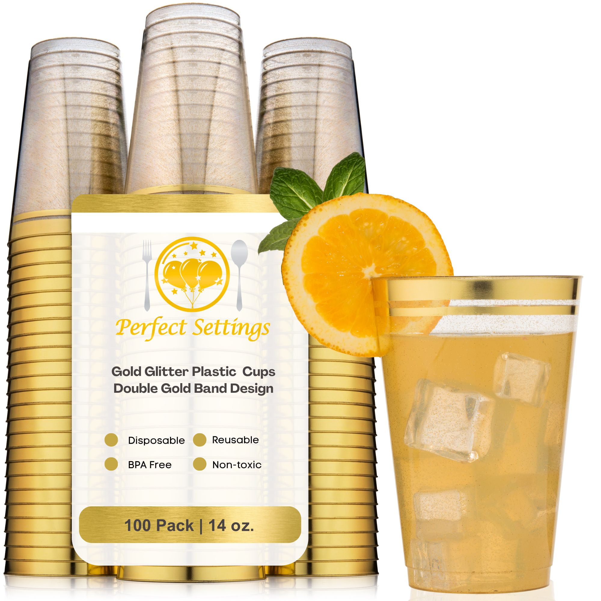 Perfect Settings 14 oz Gold Glitter Disposable Plastic Cups, 2 Line ...
