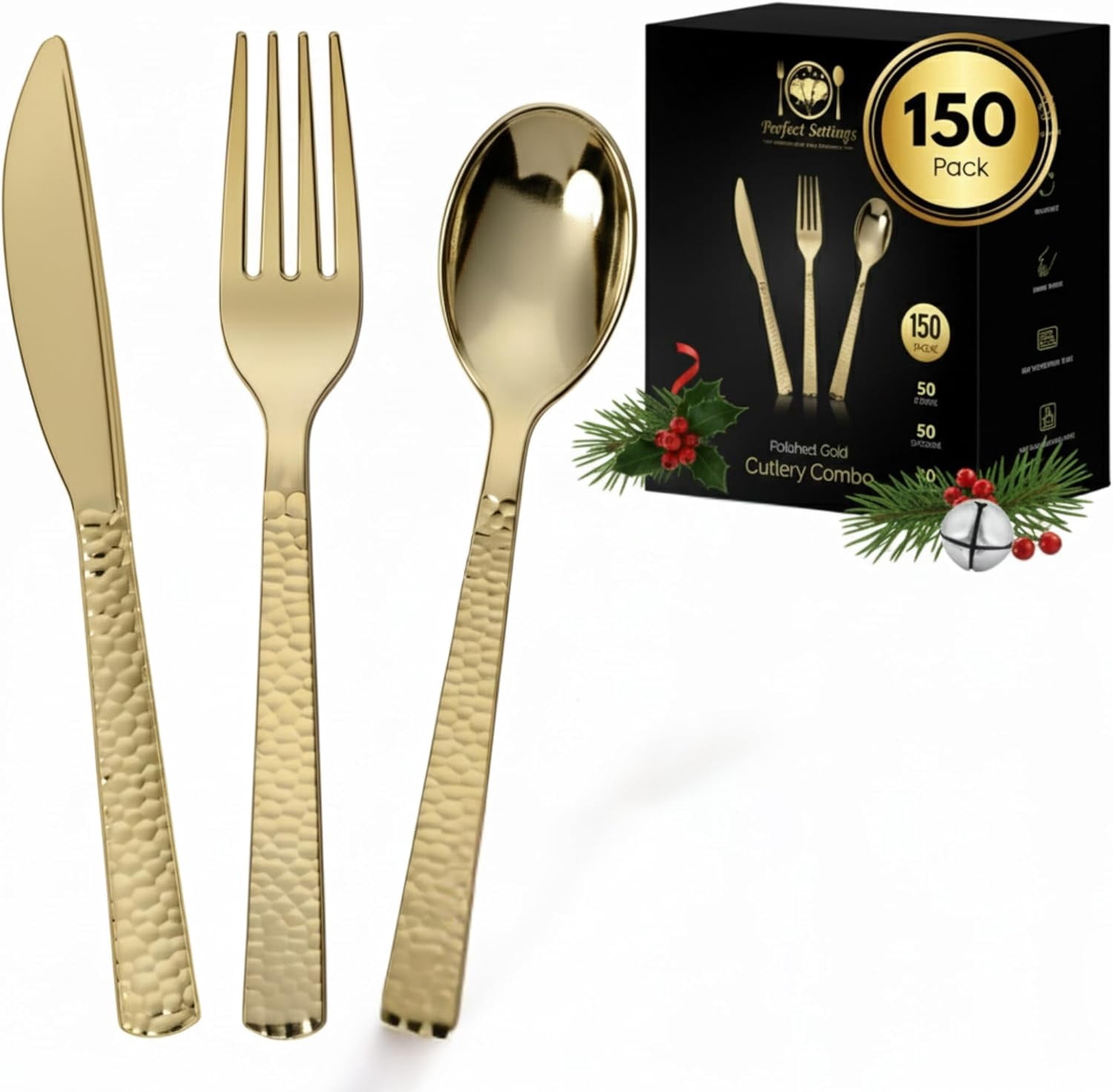 Perfect Settings 150 PCS Gold Plastic Silverware Set Heavy Duty Premium ...