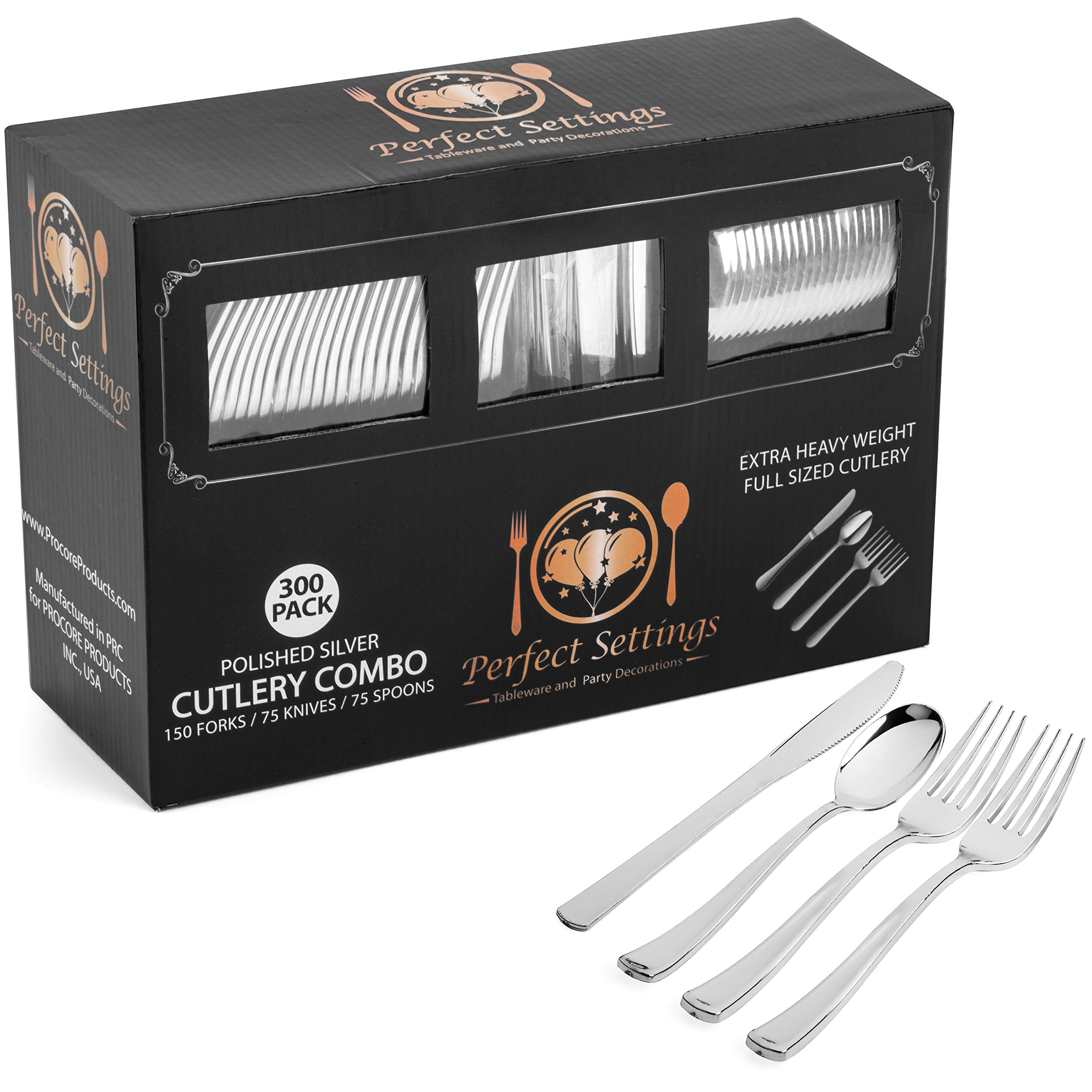 Perfect Settings 300 Pcs Silver Plastic Cutlery Set Strong Heavy Duty ...