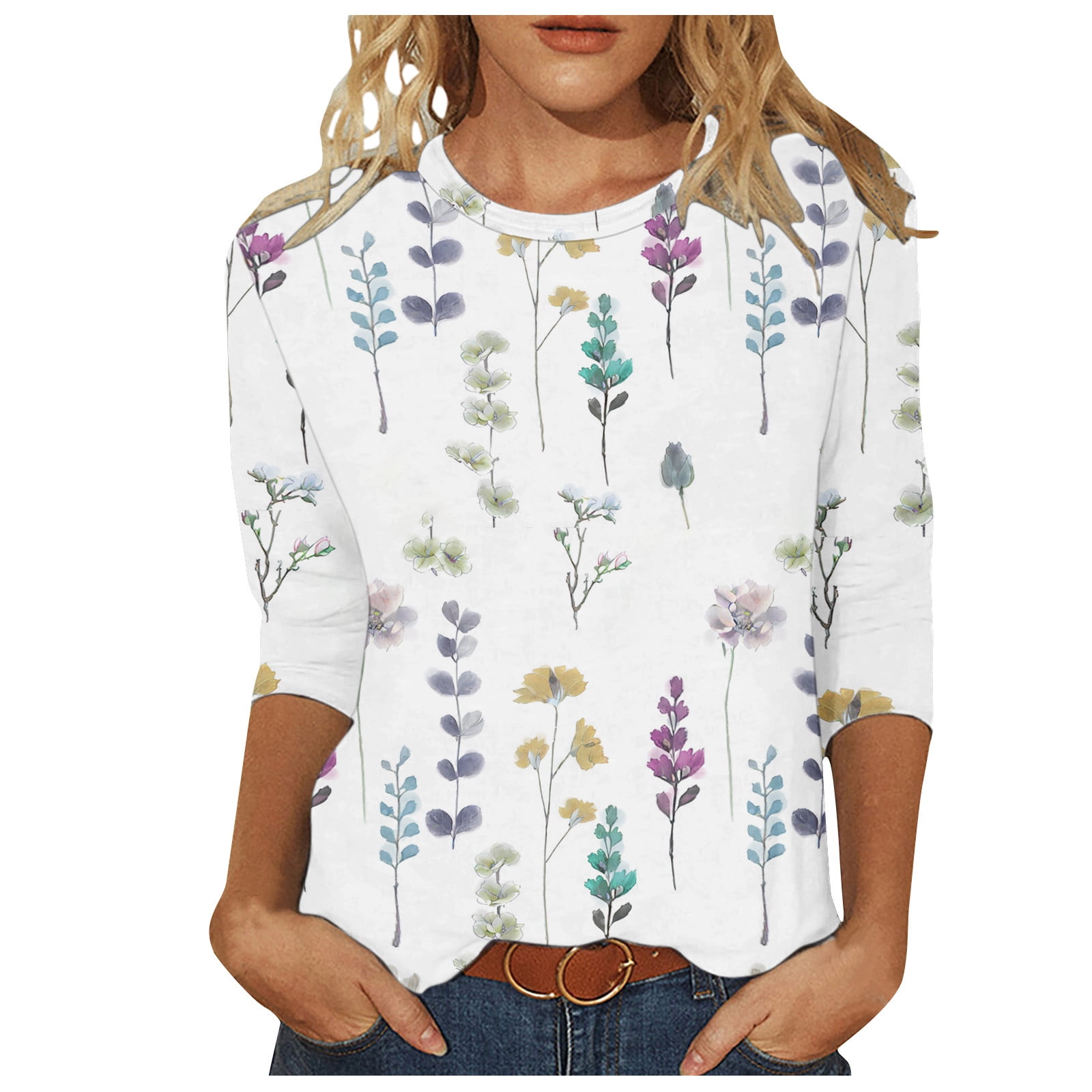 Perfectbot Shirts for Women 3/4 Sleeves Round Neck Tunic Tops Crewneck ...